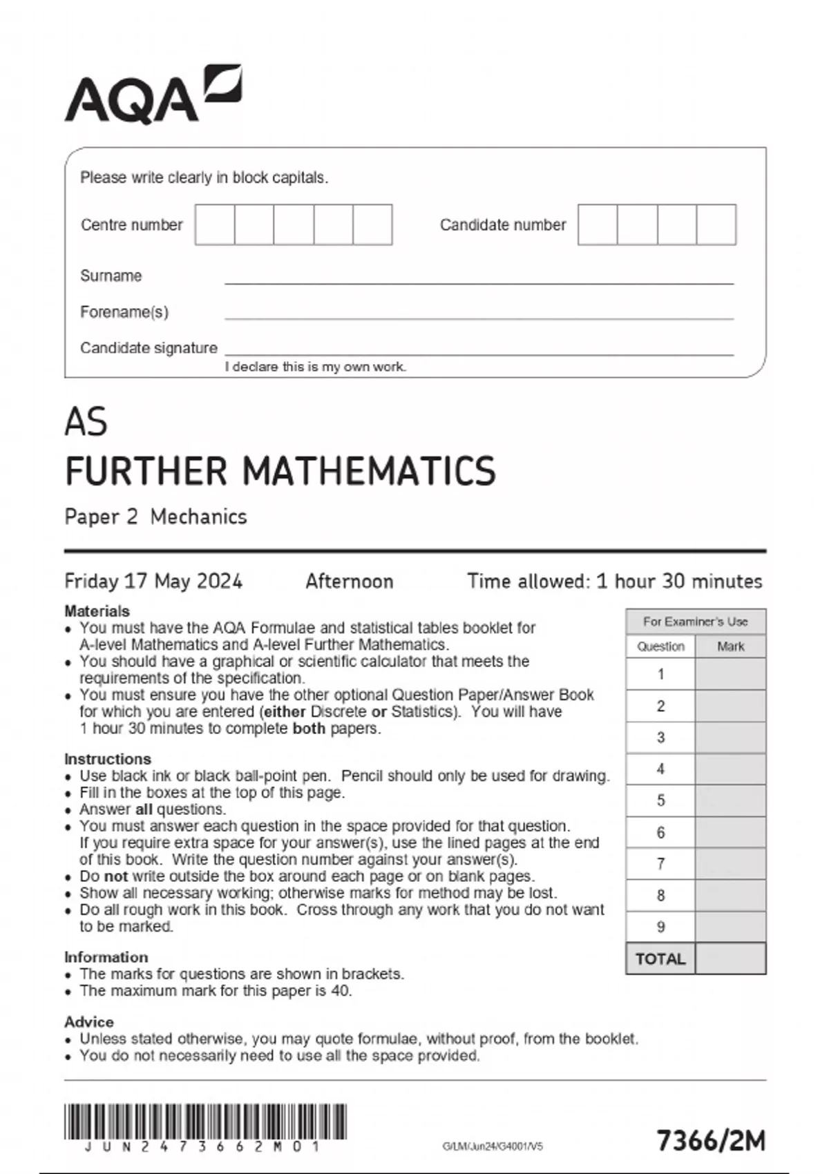 2024 AQA AS FURTHER MATHEMATICS Paper 2 Mechanics Combined Question ...
