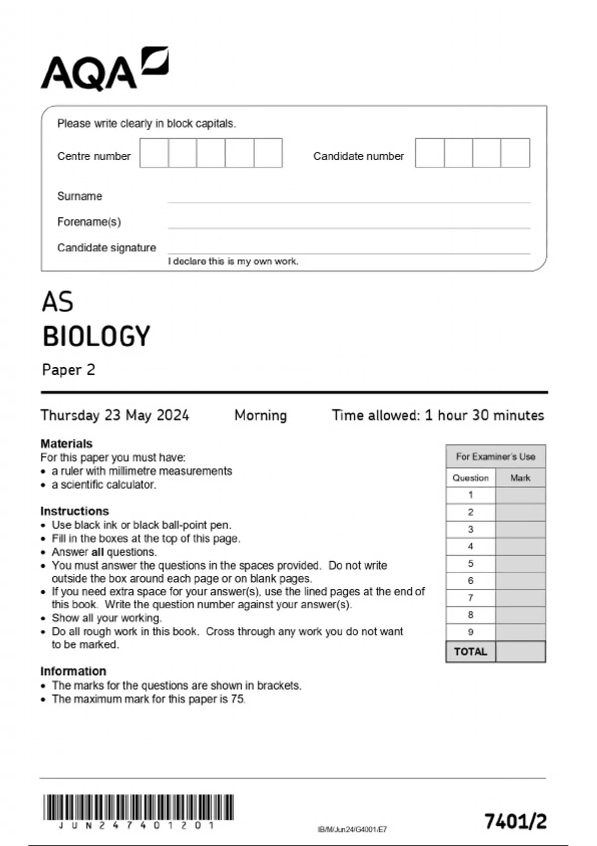 2024 AQA AS BIOLOGY Paper 2 Combined Question Paper and Marking Scheme ...