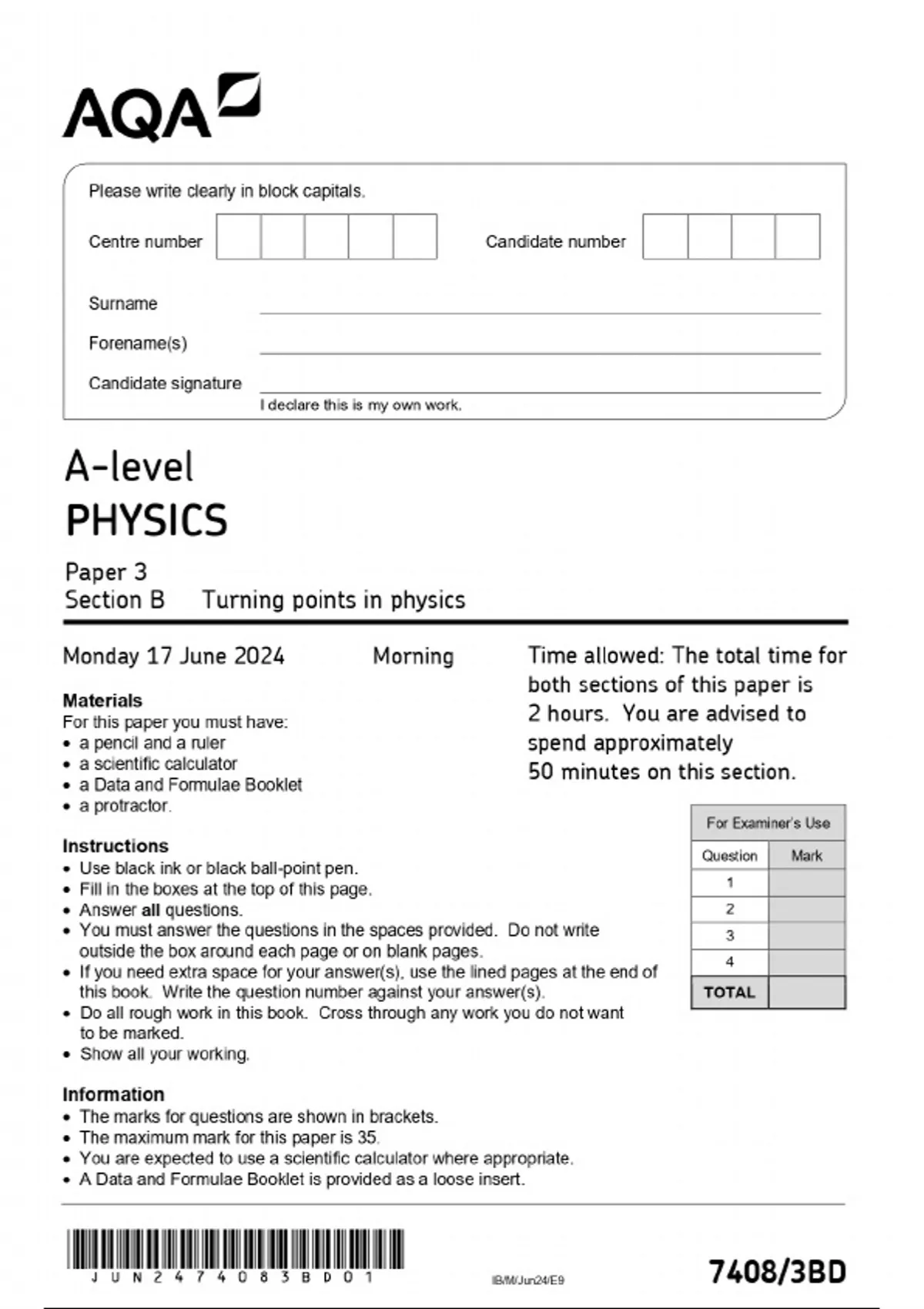 2024 AQA A-level PHYSICS Paper 3 Section B Turning points in physics ...