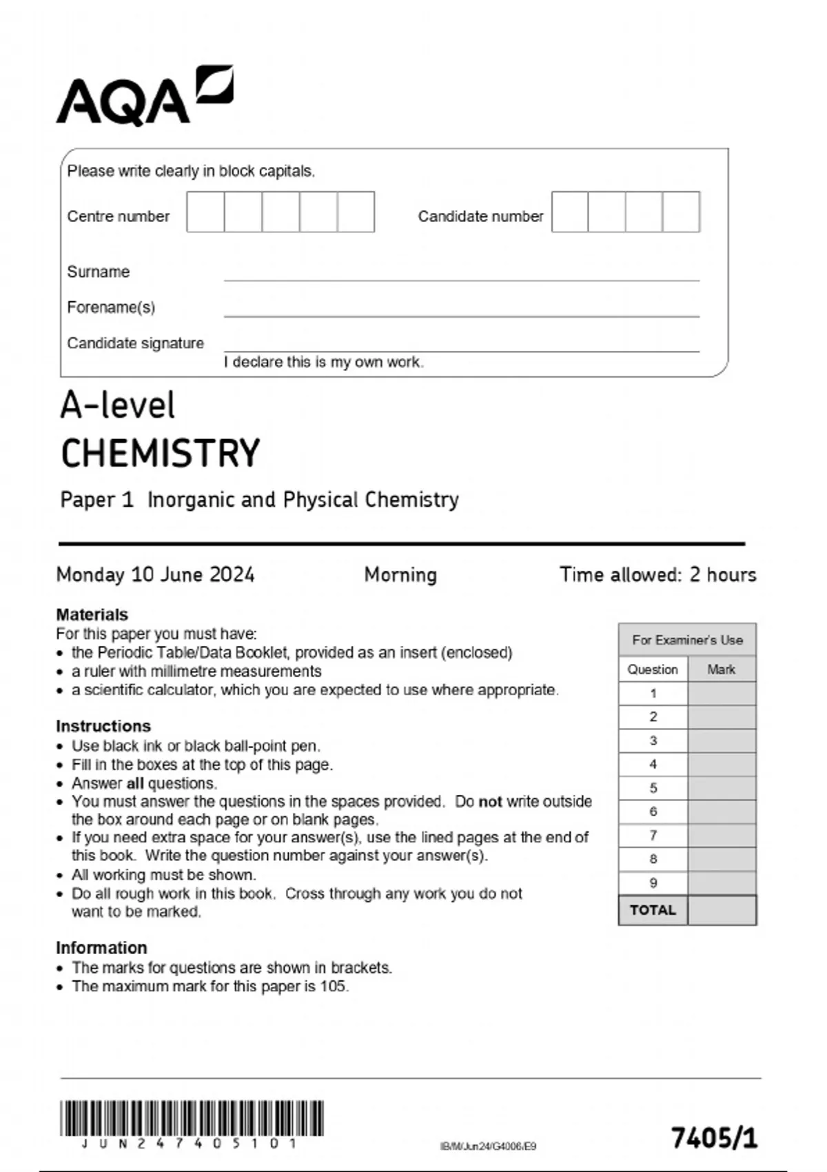 2024 AQA A-level CHEMISTRY Paper 1 Inorganic and Physical Chemistry A ...