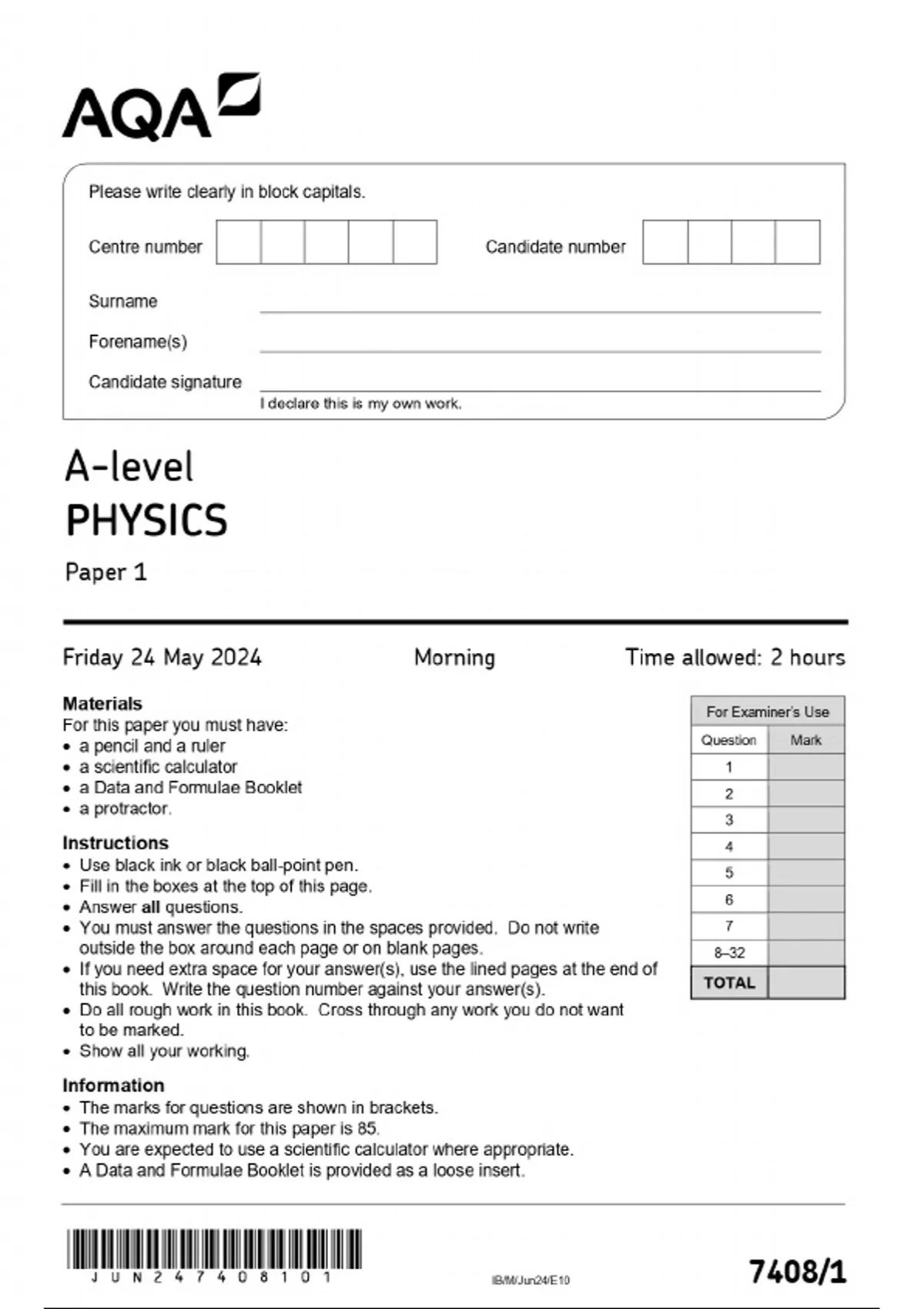 2024 AQA A-level PHYSICS Paper 1 Combined Question Paper and Marking ...