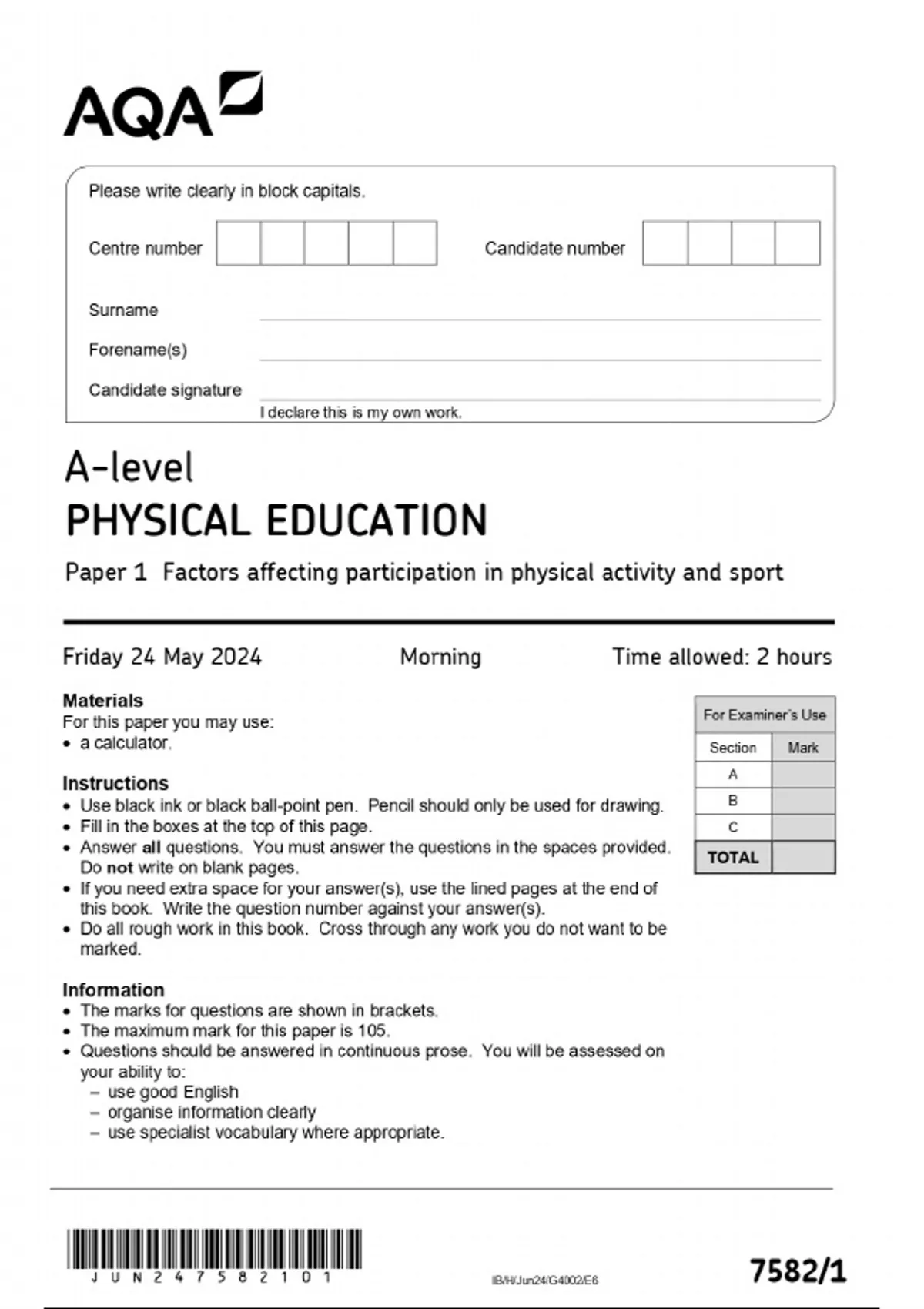2024 AQA A-level PHYSICAL EDUCATION Paper 1 Factors affecting ...