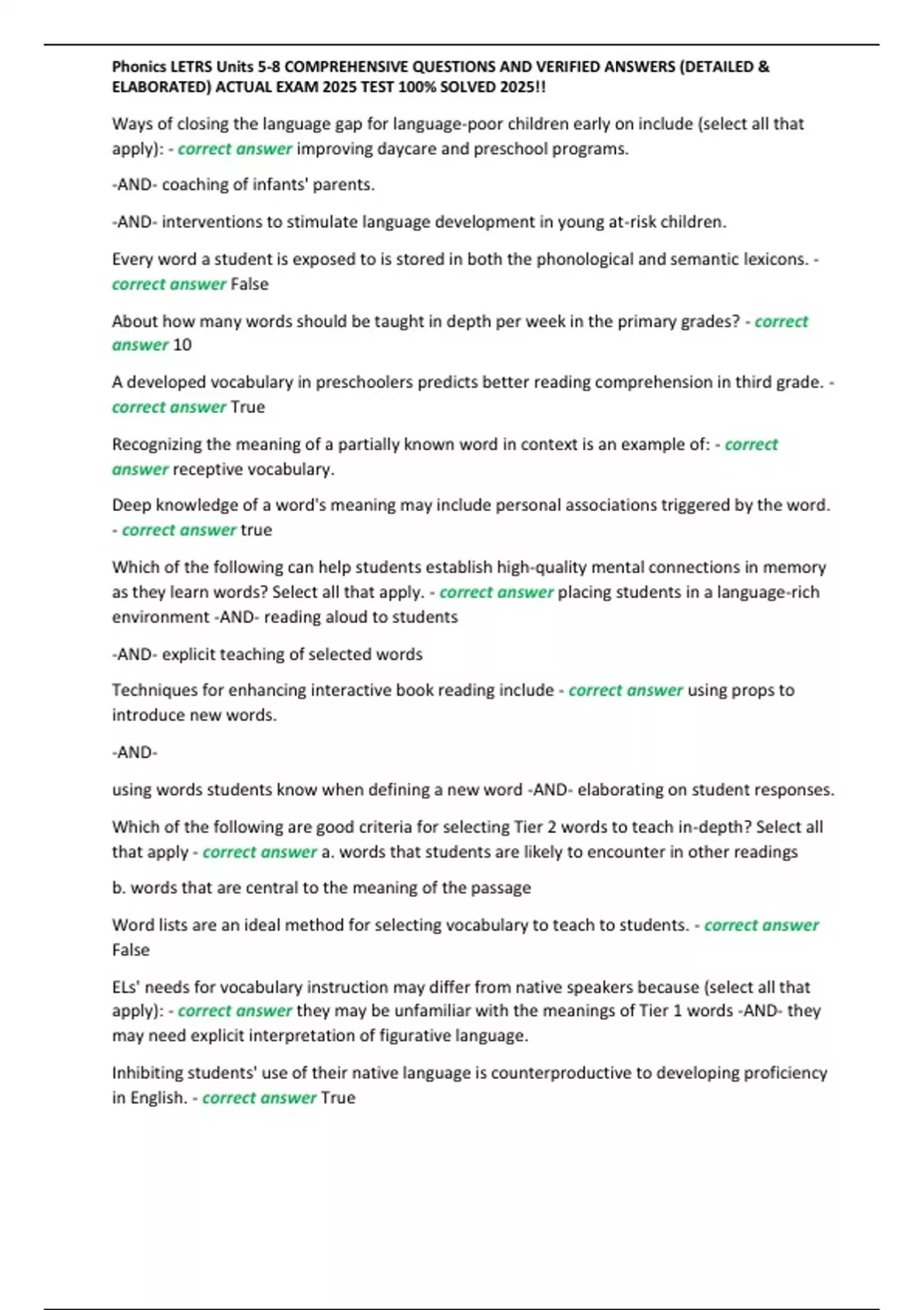 Phonics LETRS Units 5-8 COMPREHENSIVE QUESTIONS AND VERIFIED ANSWERS (DETAILED & ELABORATED ...