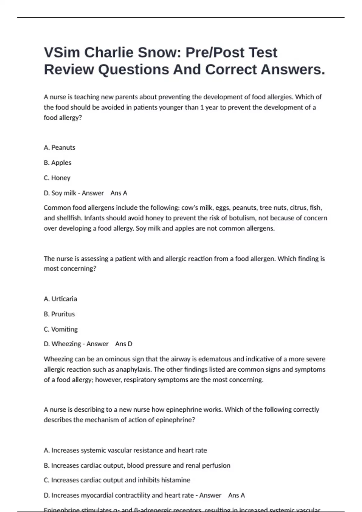 VSim Charlie Snow: Pre/Post Test Review Questions And Correct Answers ...