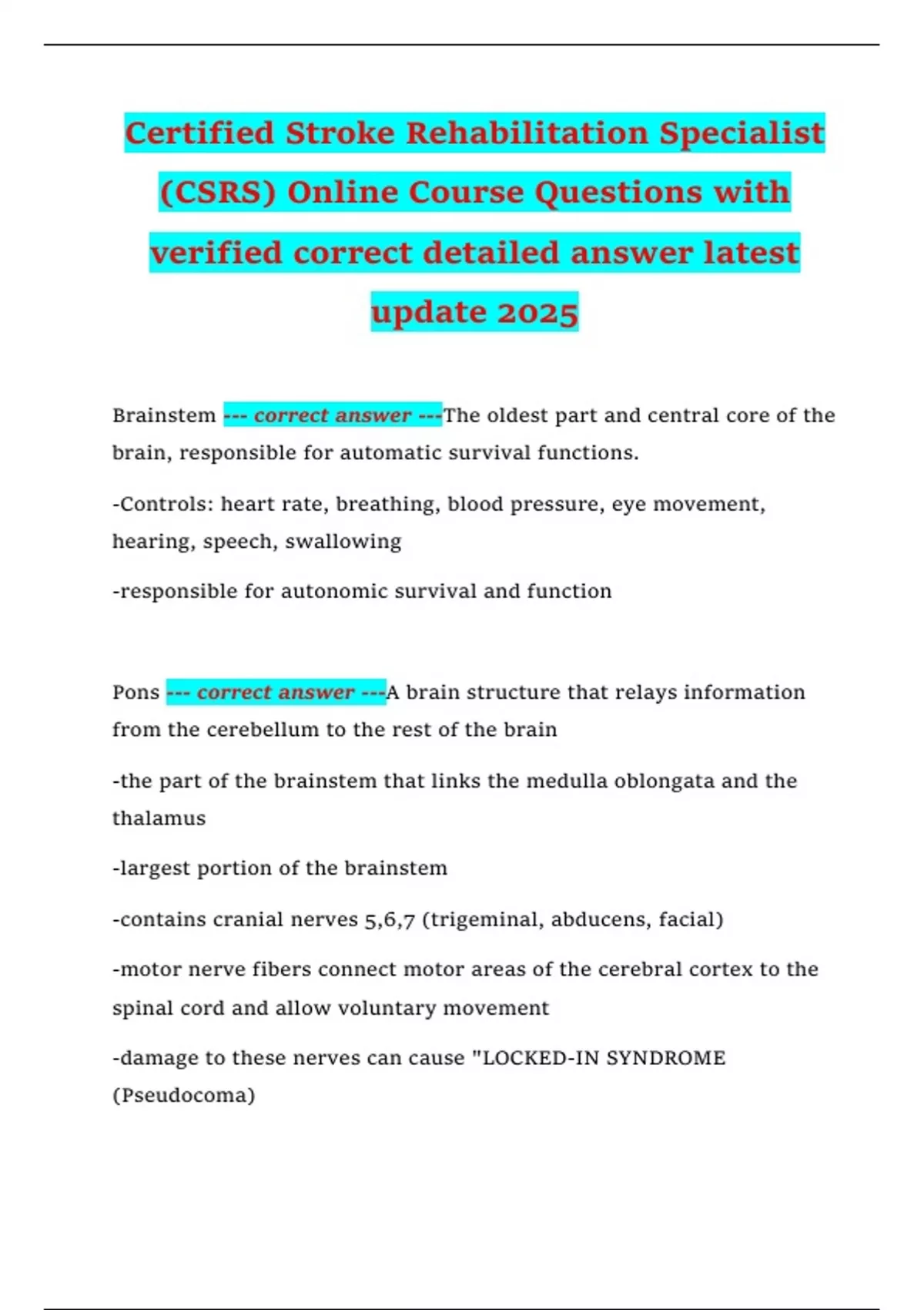 Certified Stroke Rehabilitation Specialist (CSRS) Online Course Questions with verified correct ...