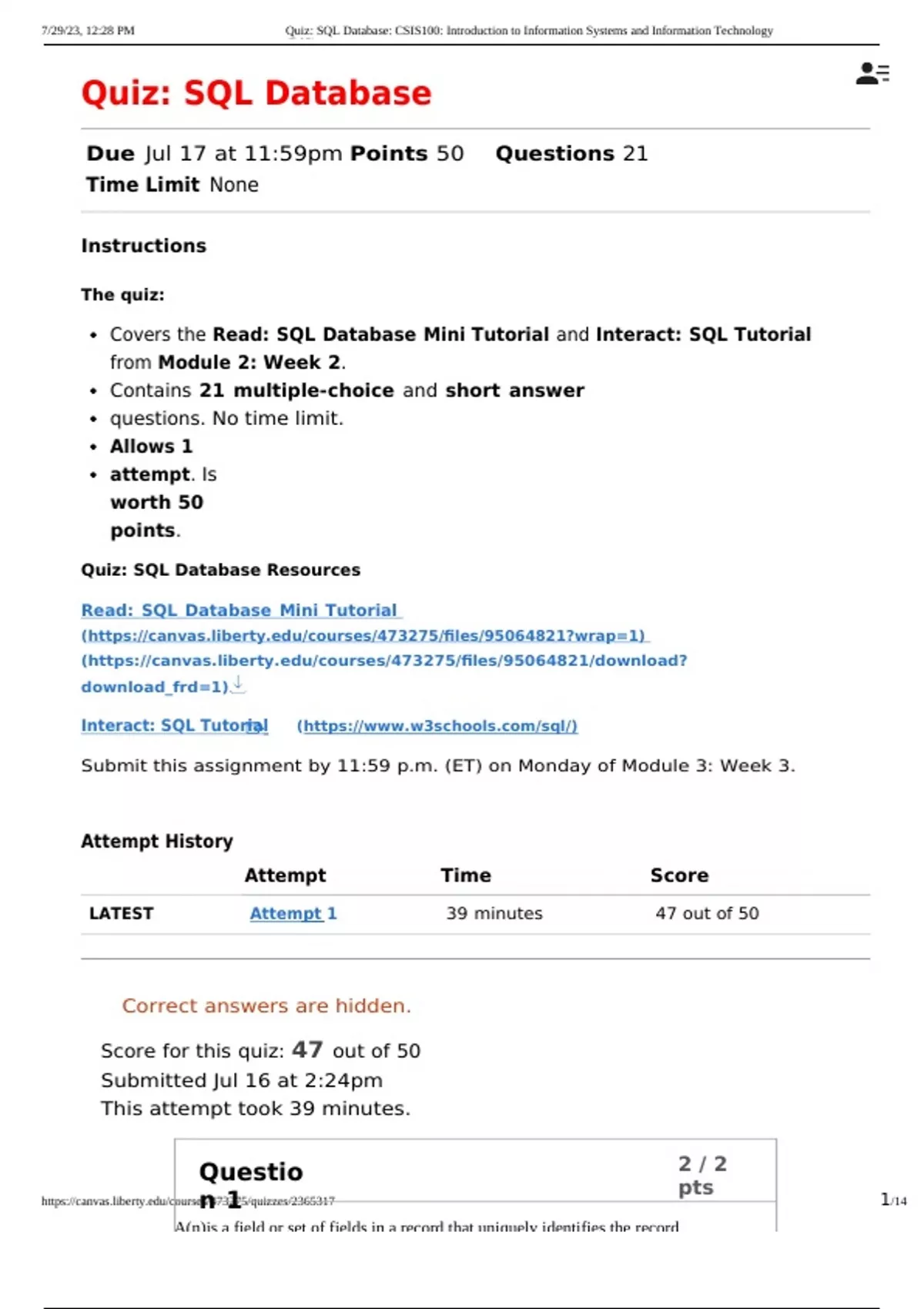 Quiz SQL Database CSIS100 Introduction to Information Systems and Information Technology ...
