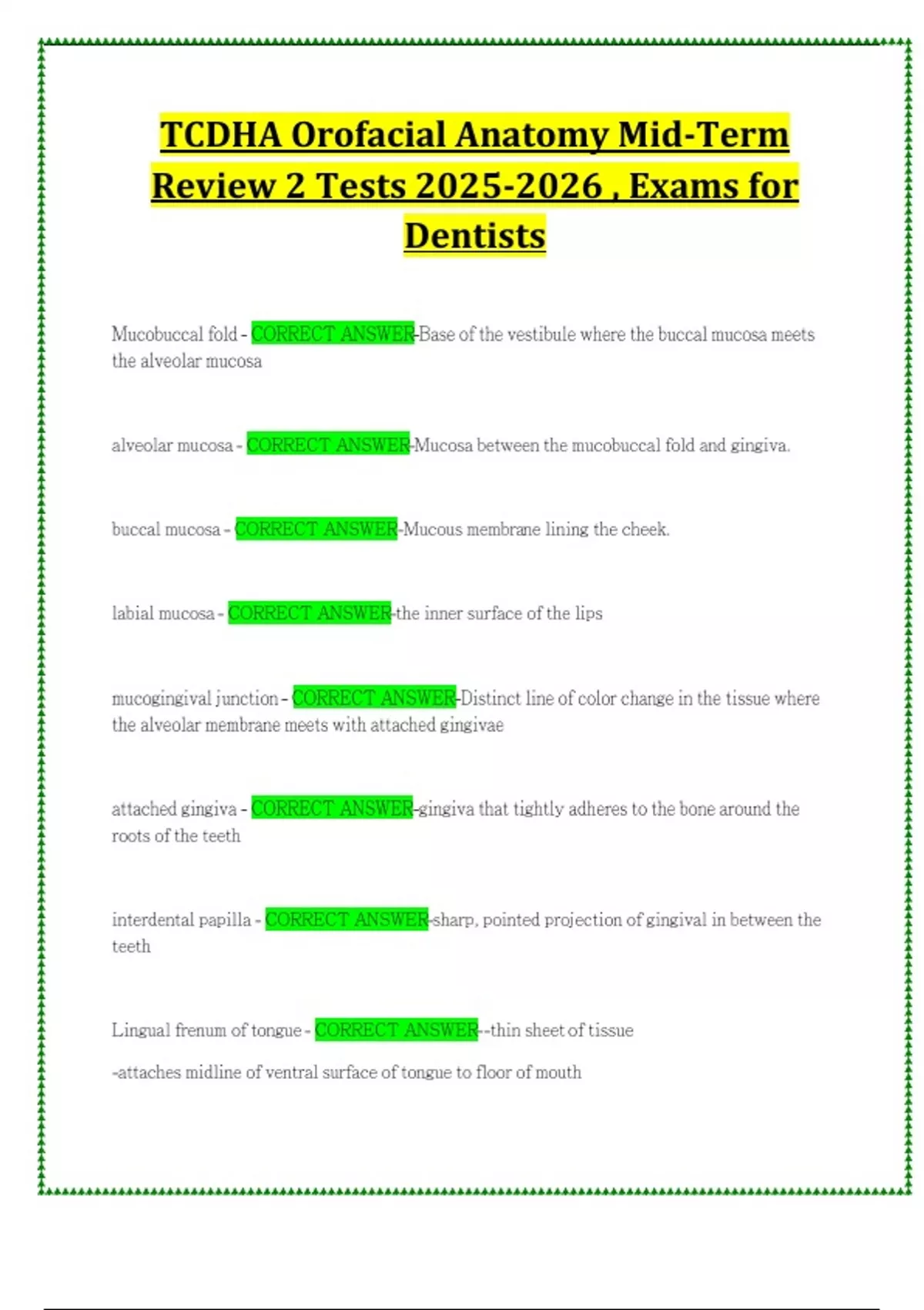 TCDHA Orofacial Anatomy Mid-Term Review 2 Tests , Exams for Dentists ...