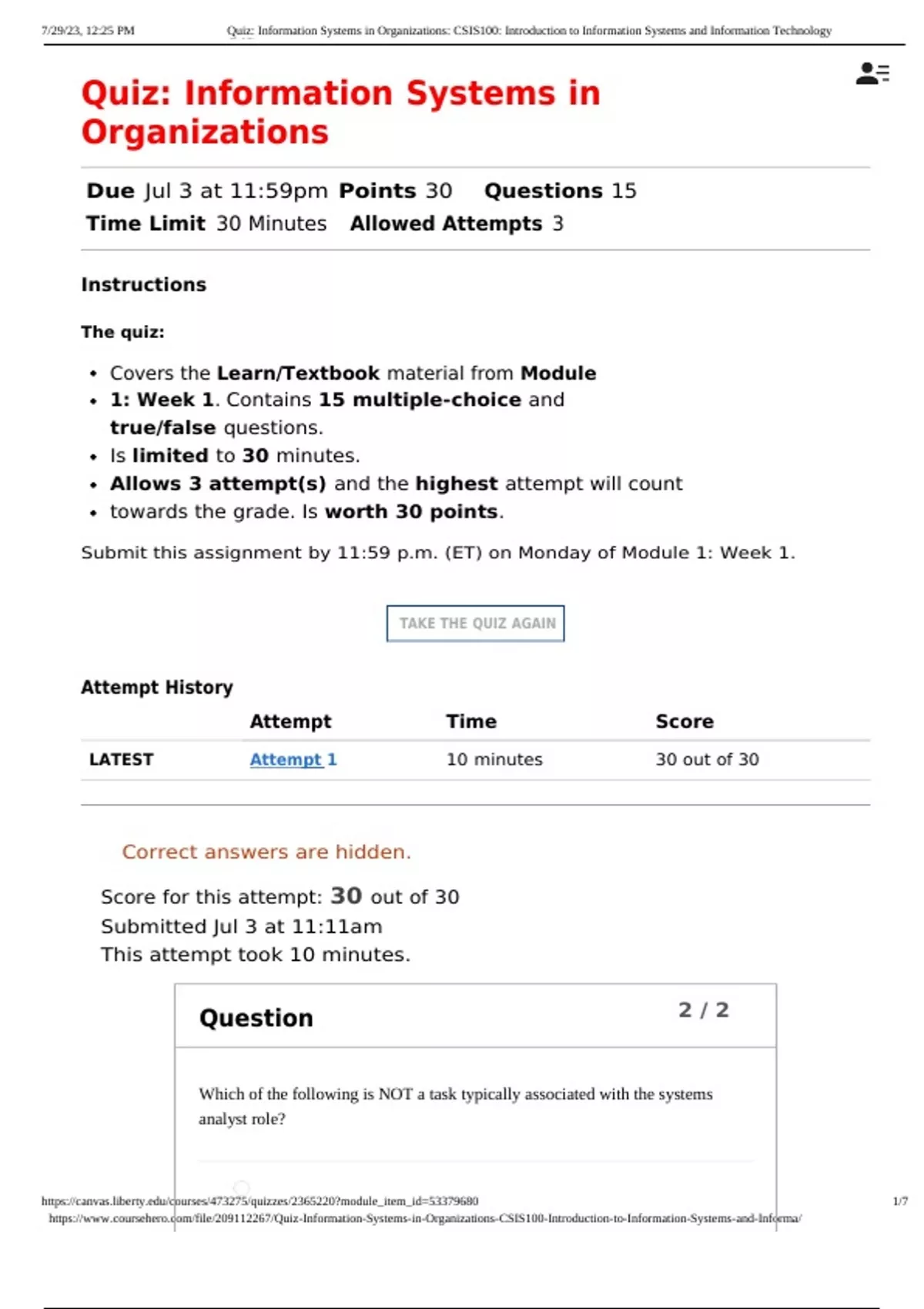 Quiz Information Systems in Organizations CSIS100 Introduction to Information Systems and ...