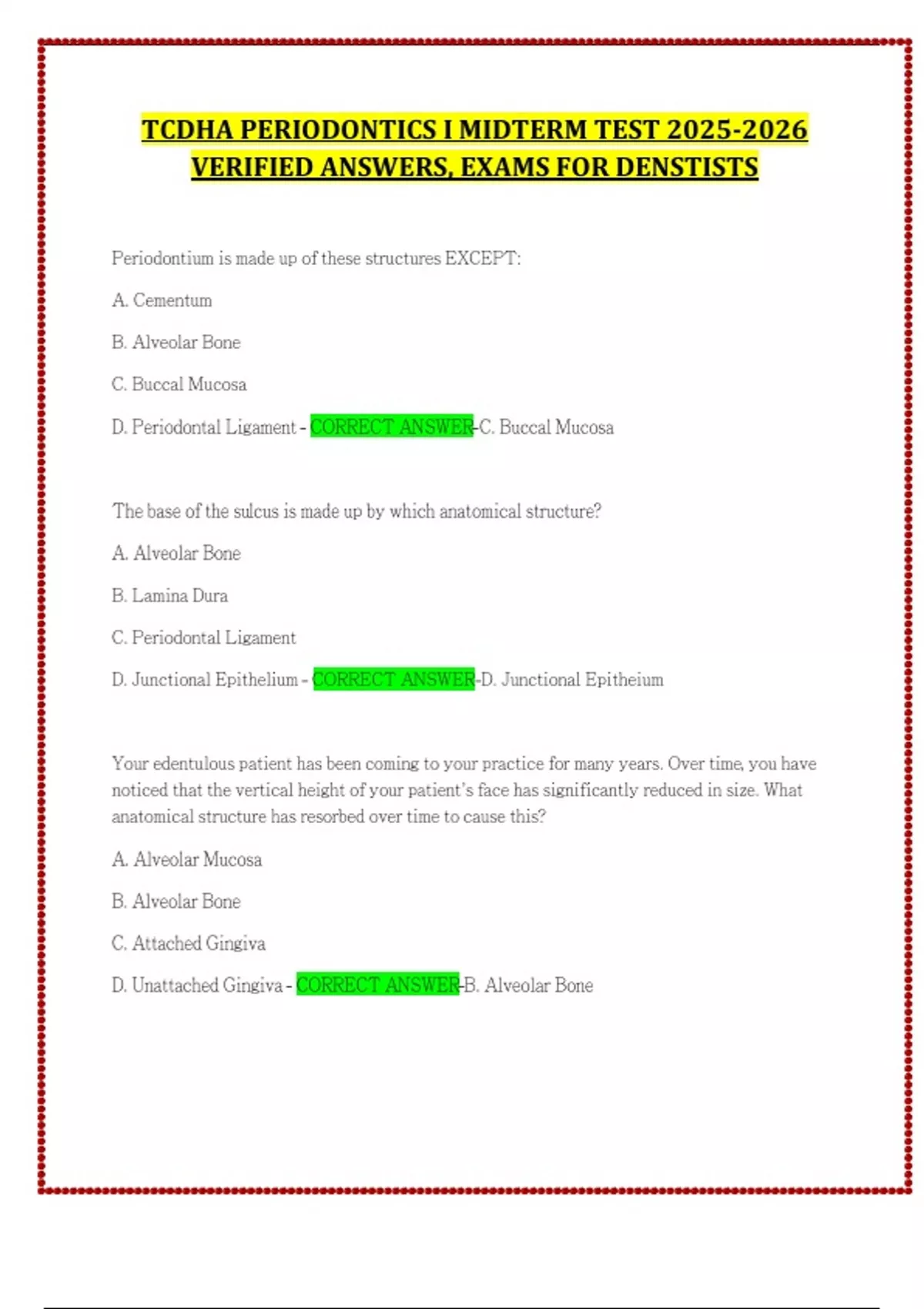 TCDHA PERIODONTICS I MIDTERM TEST VERIFIED ANSWERS, EXAMS FOR DENSTISTS ...