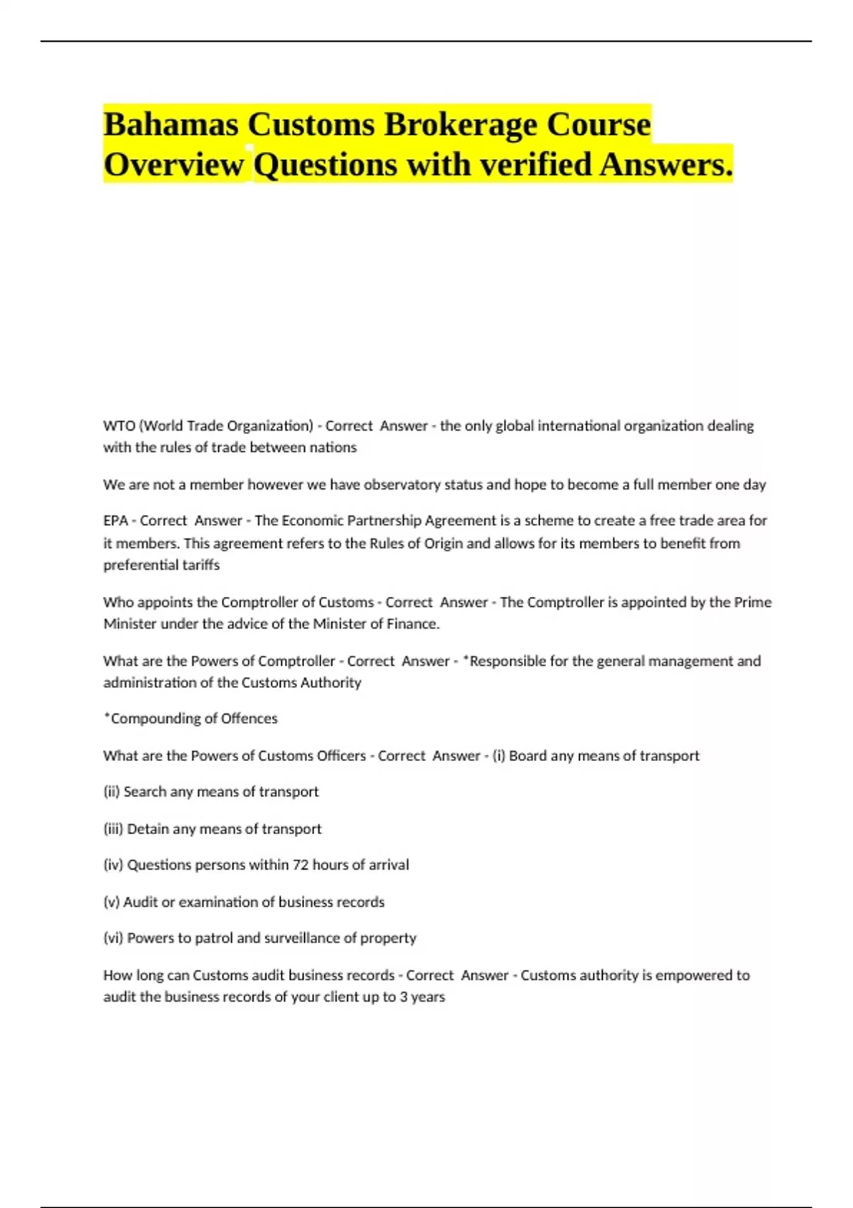 Bahamas Customs Brokerage Course Overview Questions with verified ...