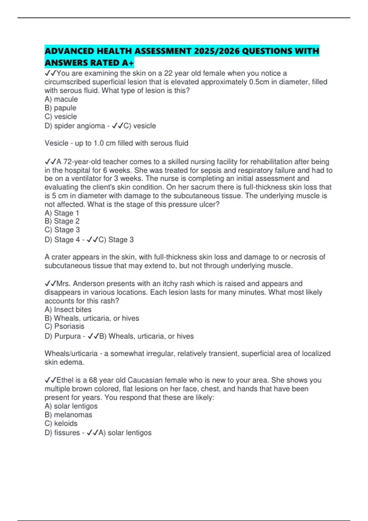 ADVANCED HEALTH ASSESSMENT 2025/2026 QUESTIONS WITH ANSWERS RATED A+ ...
