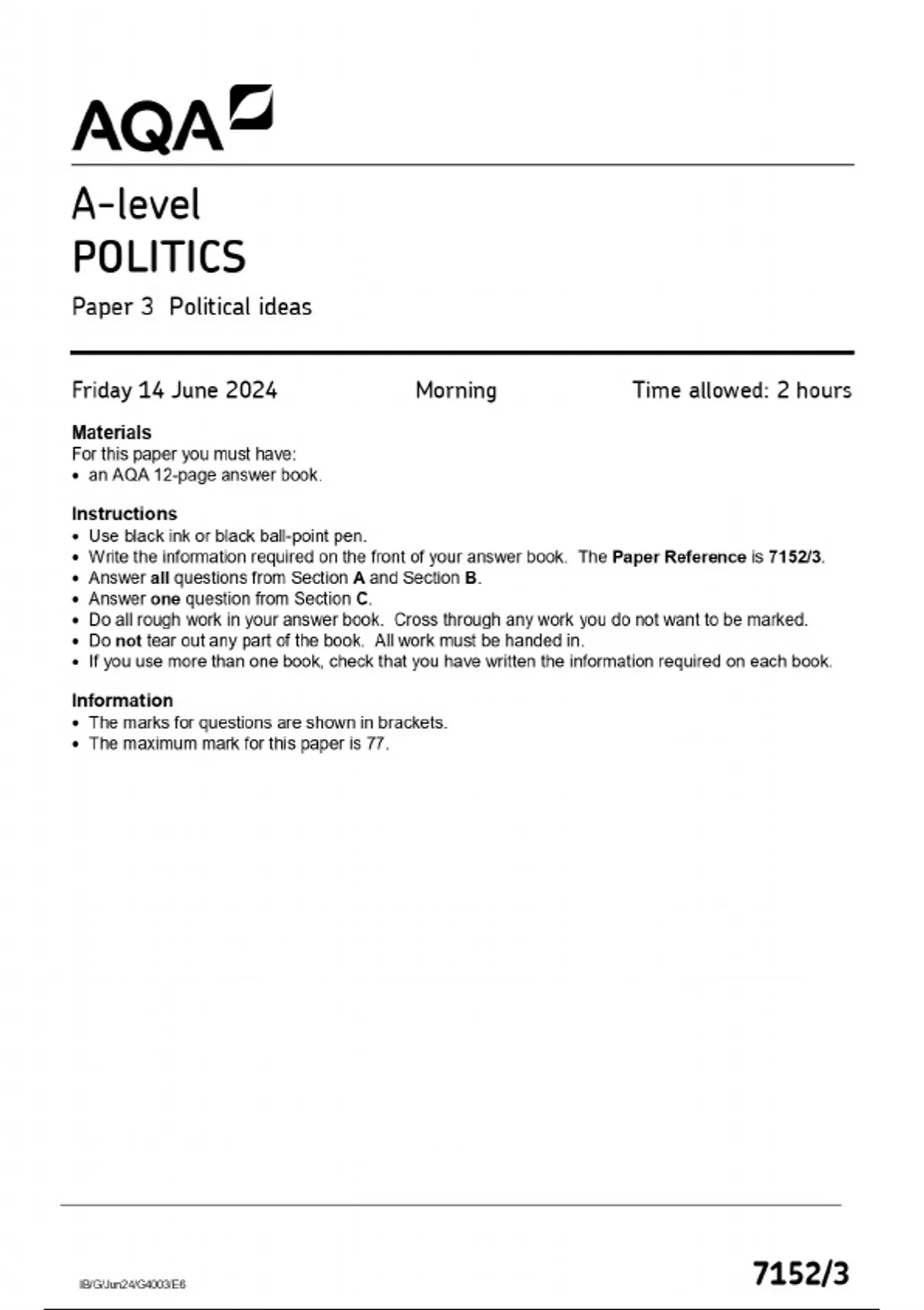2024 AQA A-level POLITICS Paper 3 Political ideas Combined Question ...