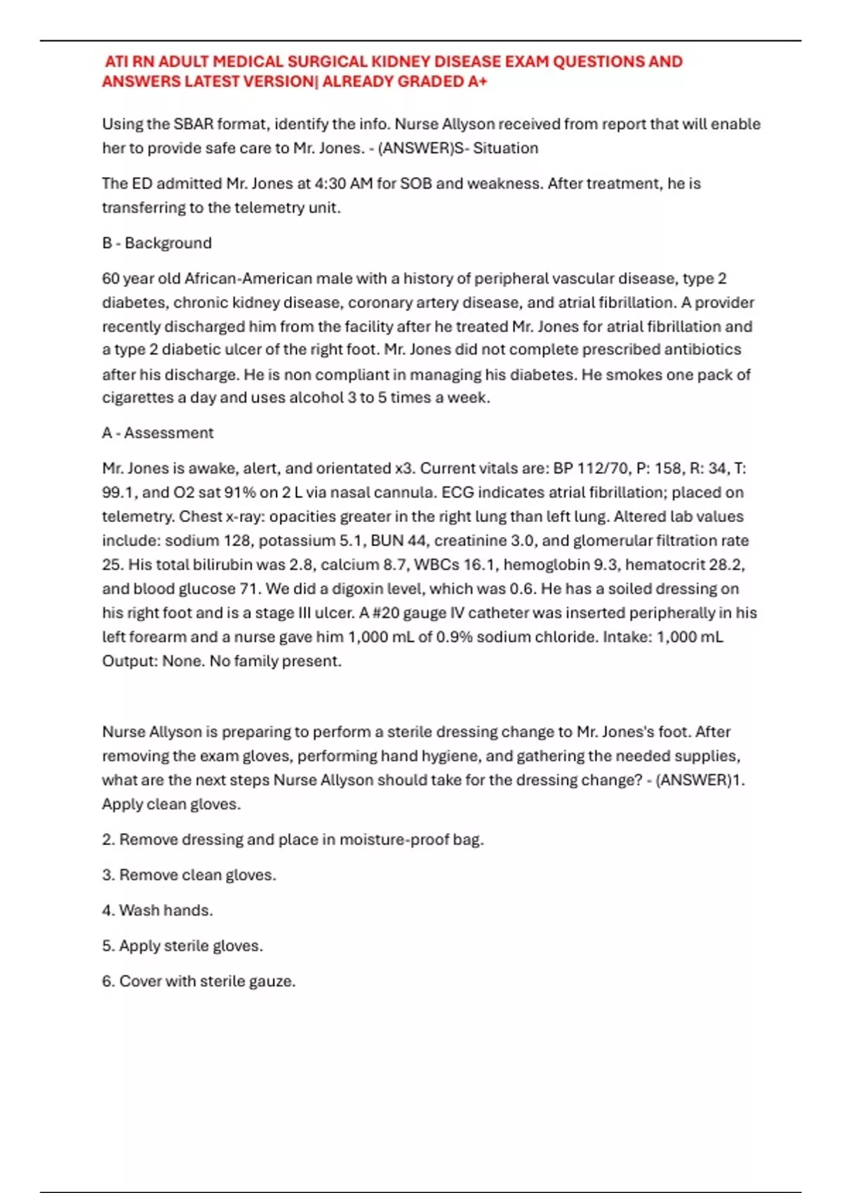 ATI RN ADULT MEDICAL SURGICAL KIDNEY DISEASE EXAM QUESTIONS AND ANSWERS ...