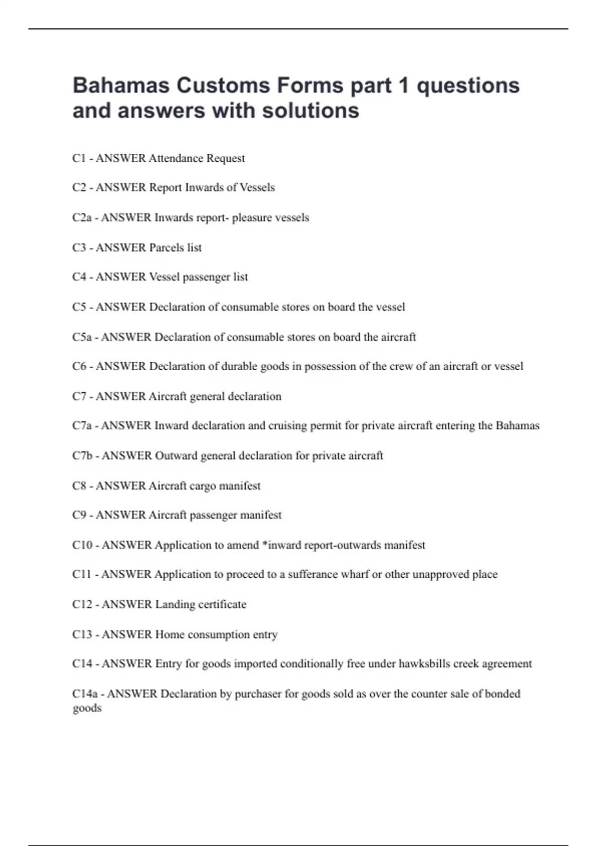Bahamas Customs Forms part 1 questions and answers with solutions ...