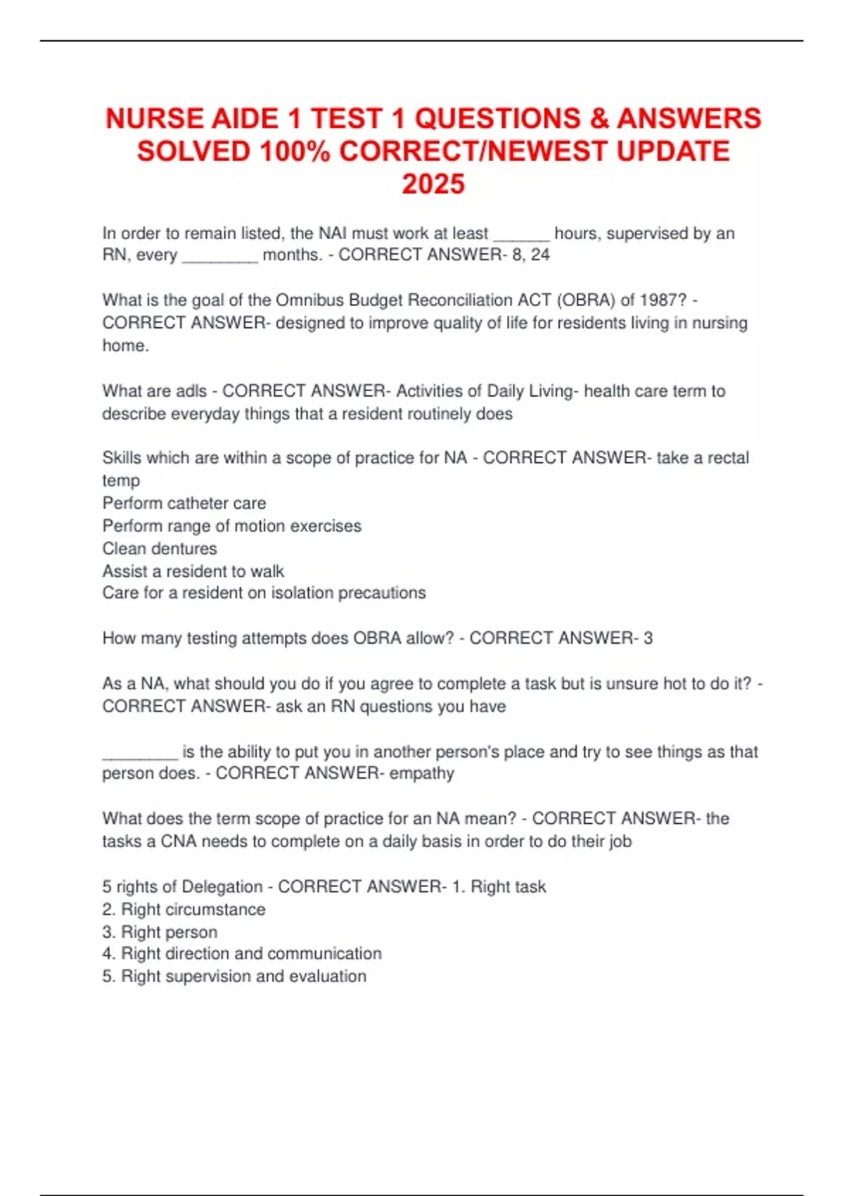 NURSE AIDE 1 TEST 1 QUESTIONS & ANSWERS SOLVED 100% CORRECT/NEWEST ...