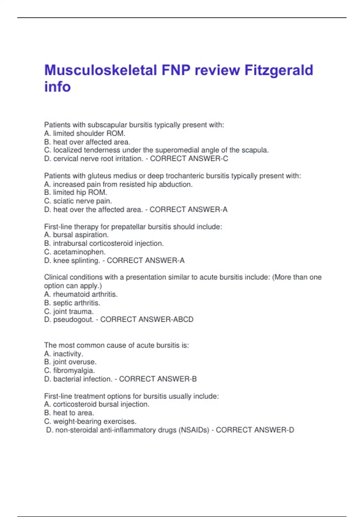 Musculoskeletal FNP review Fitzgerald info Questions and Answers Best ...