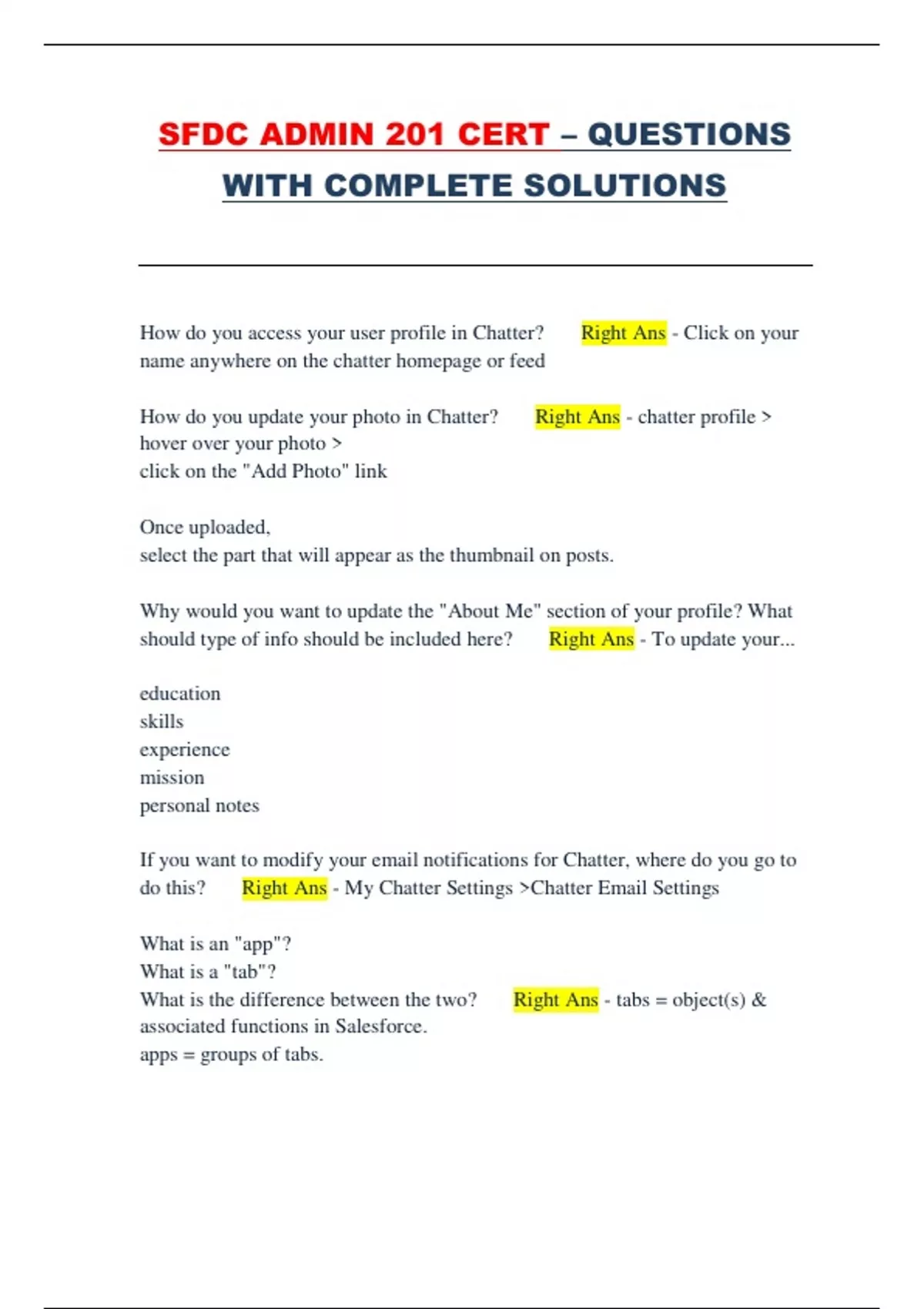 Salesforce Admin 201 Certification Practice Exam Questions With Complete Solutions 2025