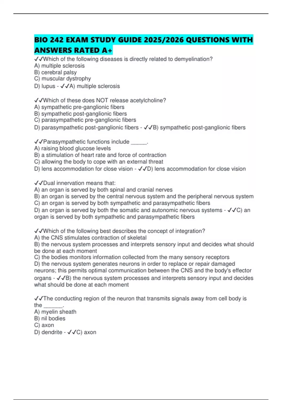 BIO 242 EXAM STUDY GUIDE 2025/2026 QUESTIONS WITH ANSWERS RATED A+ ...