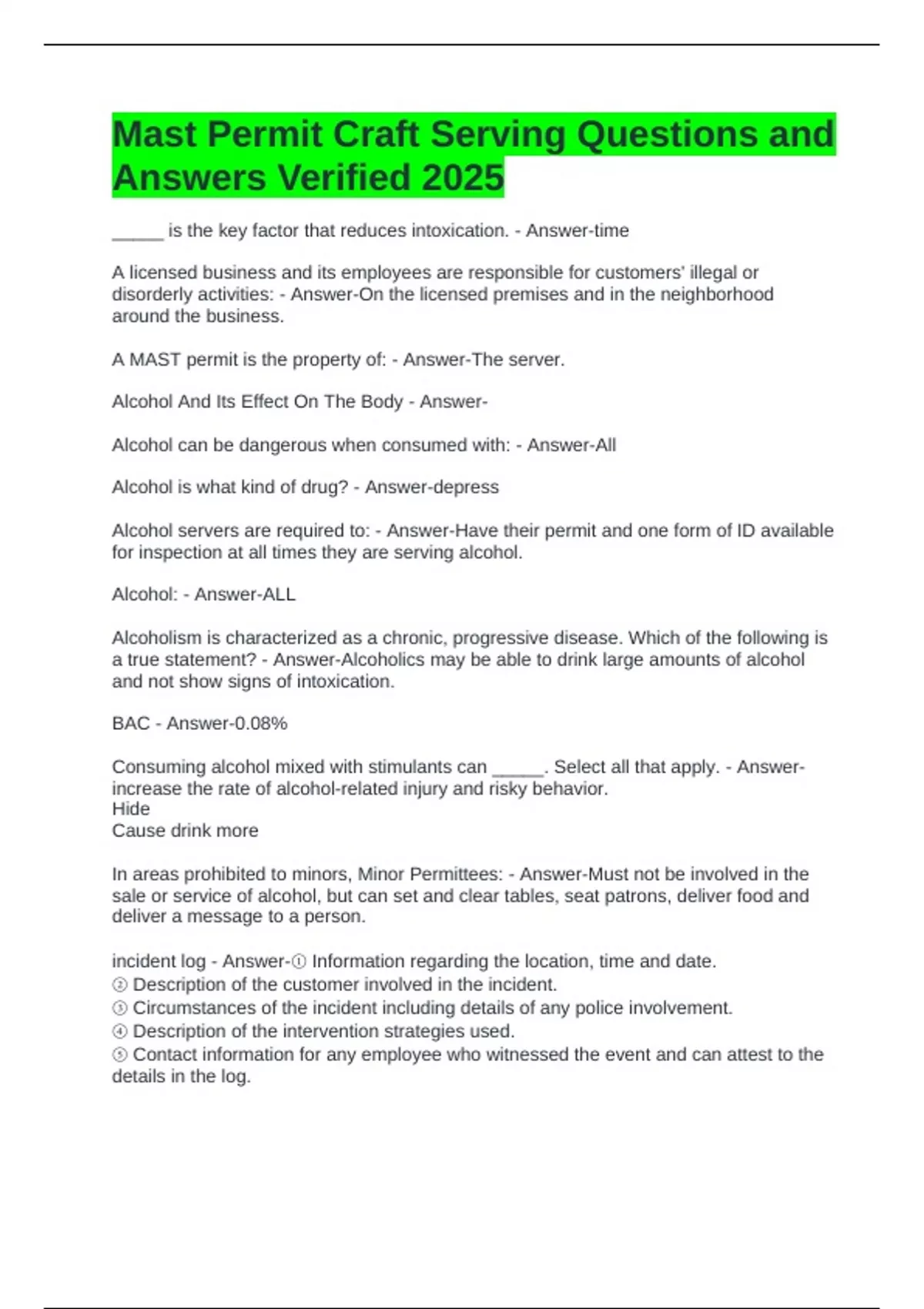 Mast Permit Craft Serving Questions and Answers Verified 2025 - Mast ...