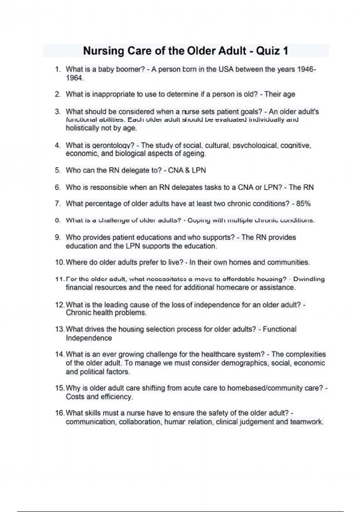 Nursing Care of the Older Adult - Quiz 1 - NUR 2063 - Stuvia US