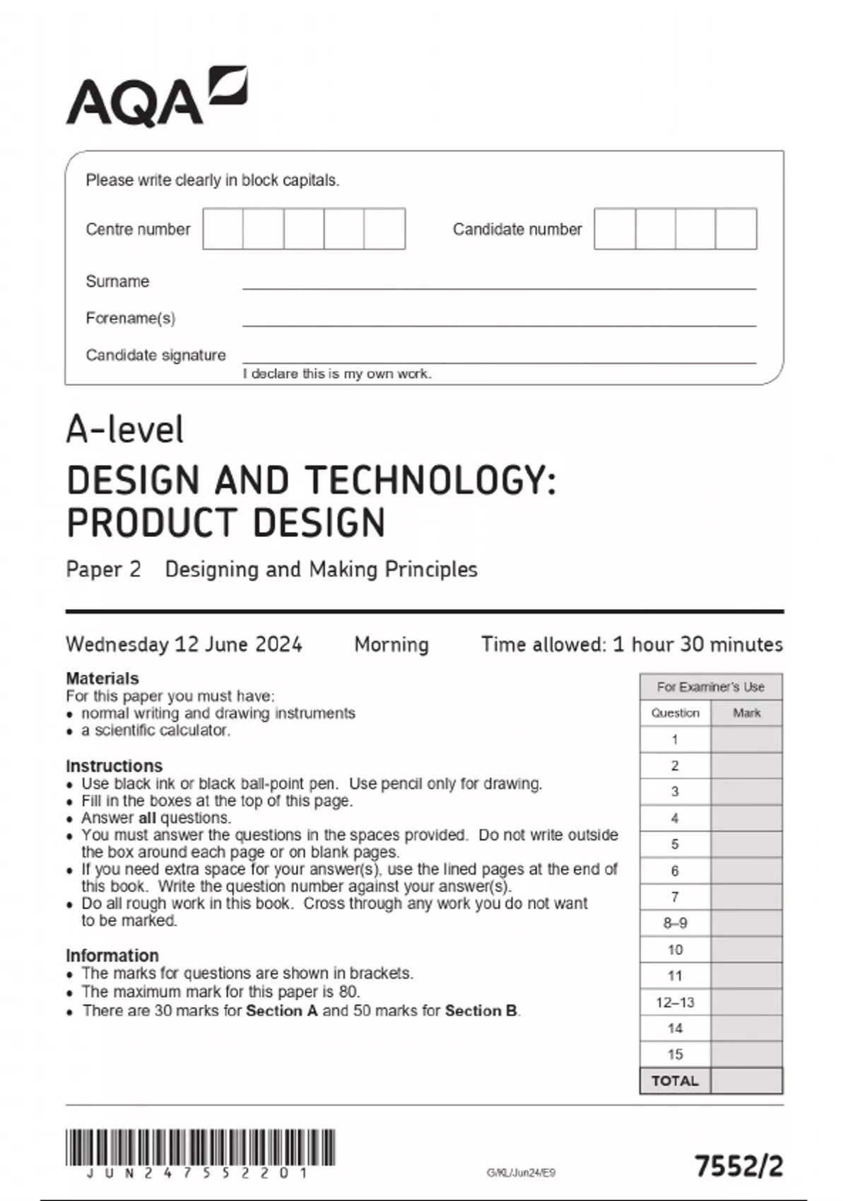 2024 AQA A-level DESIGN AND TECHNOLOGY: PRODUCT DESIGN Paper 2 ...
