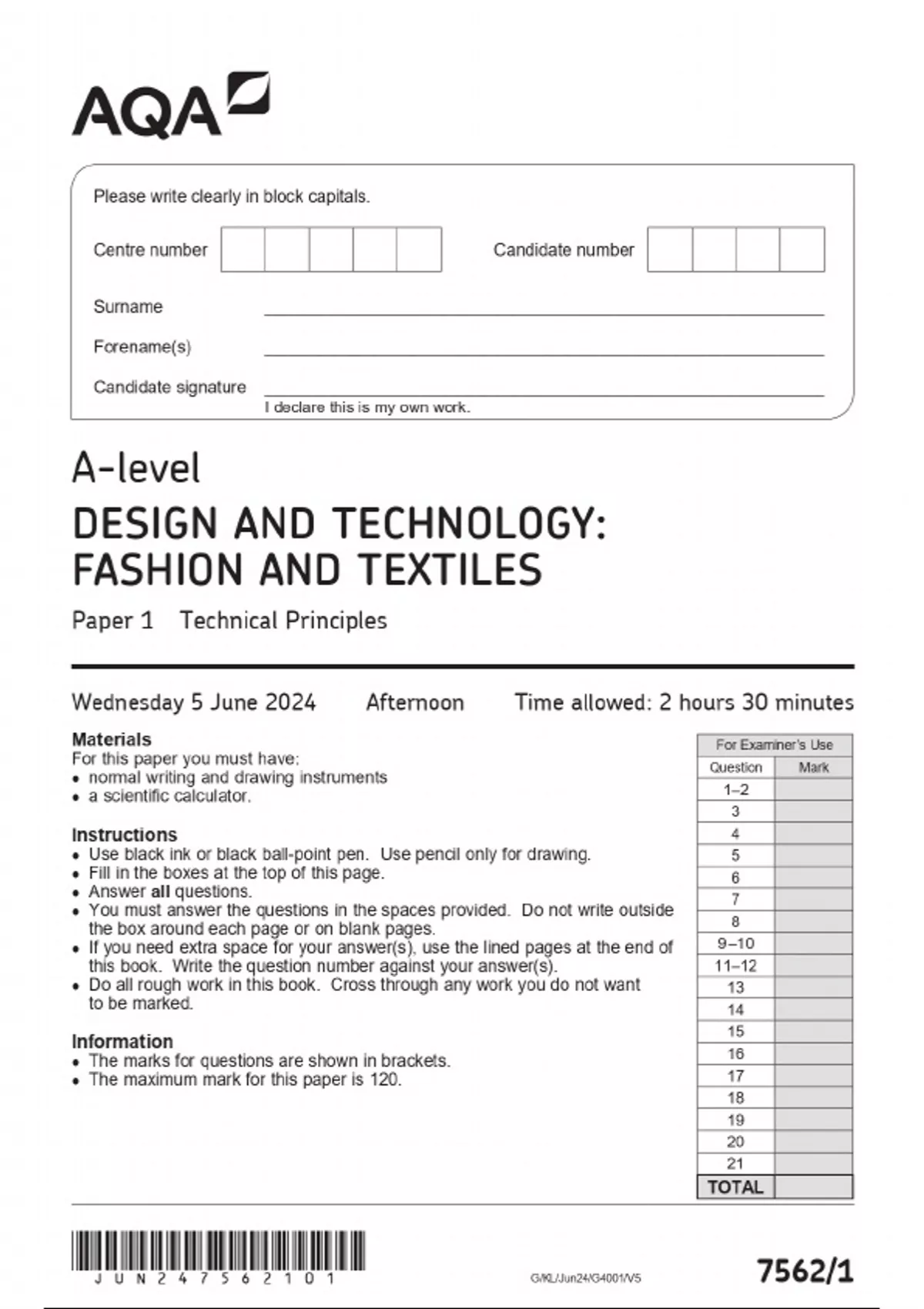 2024 AQA A-level DESIGN AND TECHNOLOGY: FASHION AND TEXTILES Paper 1 ...