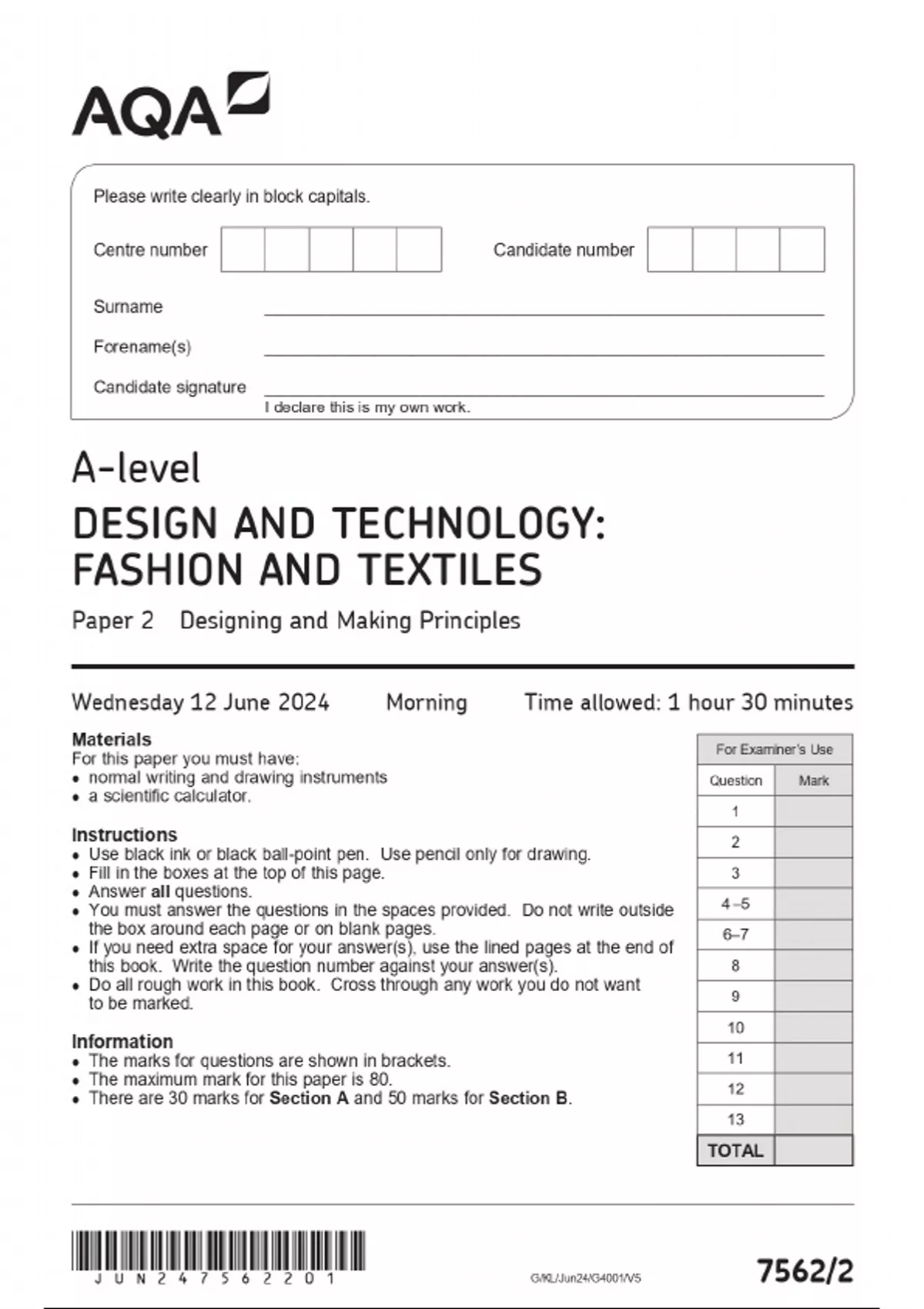 2024 AQA A-level DESIGN AND TECHNOLOGY: FASHION AND TEXTILES Paper 2 ...