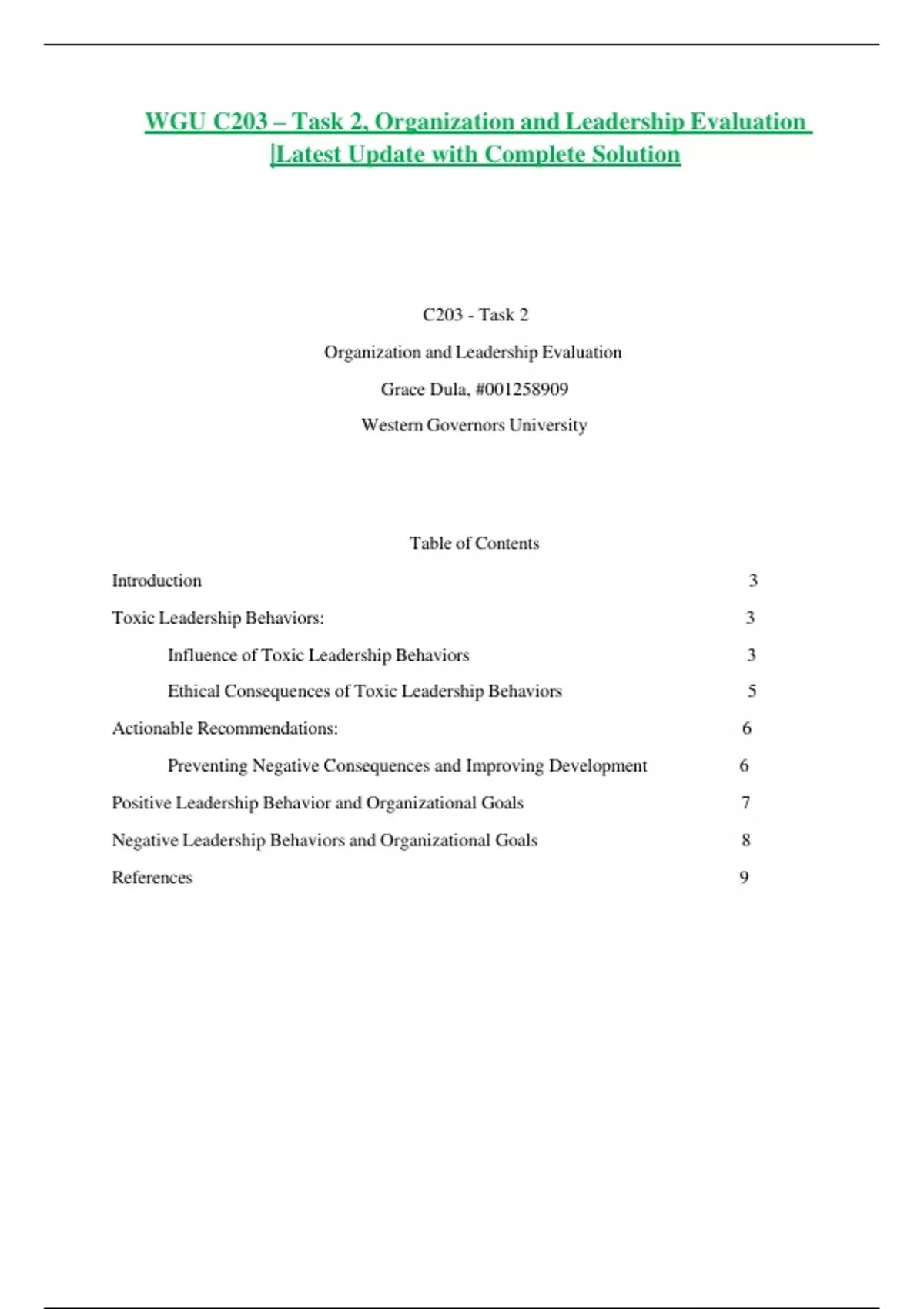 WGU C203 – Task 2, Organization and Leadership Evaluation |Latest ...