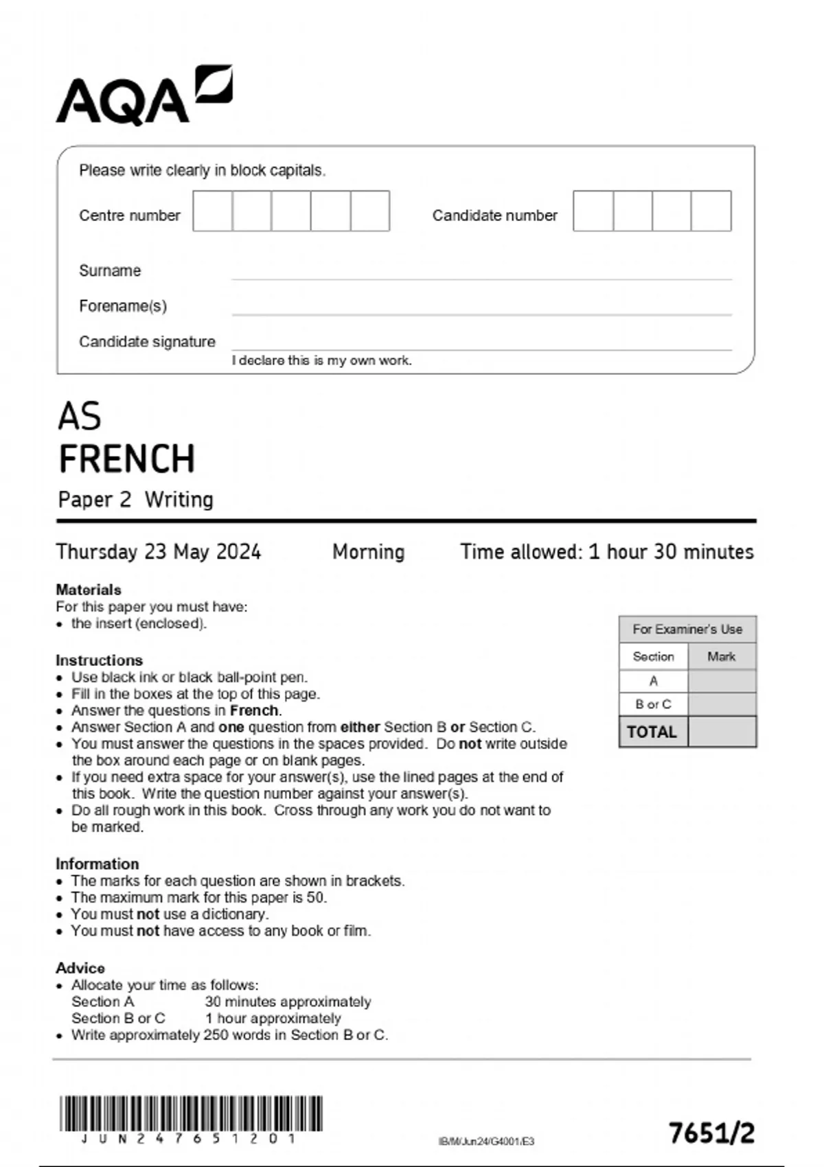 2024 AQA AS FRENCH Paper 2 Writing Combined Question Paper and Marking ...