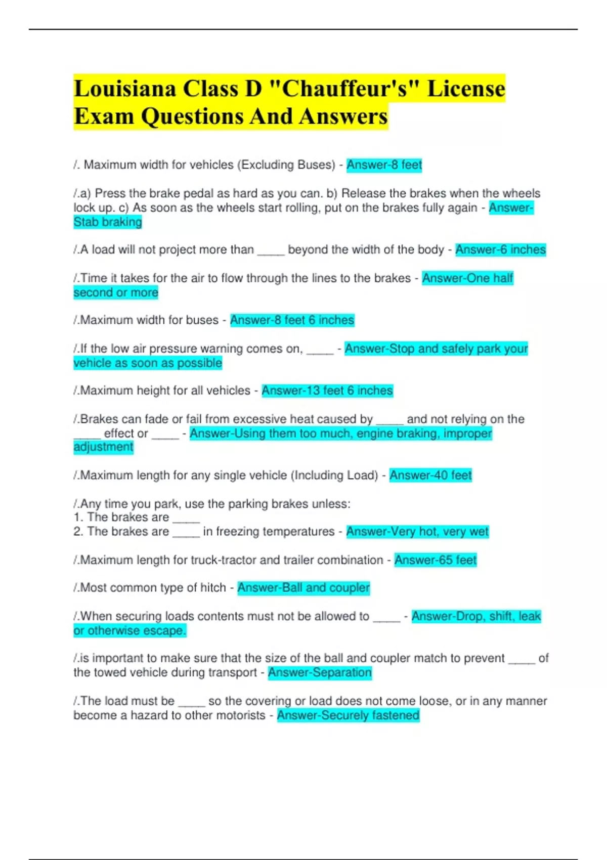 Louisiana Class D "Chauffeur's" License Exam Questions And Answers ...