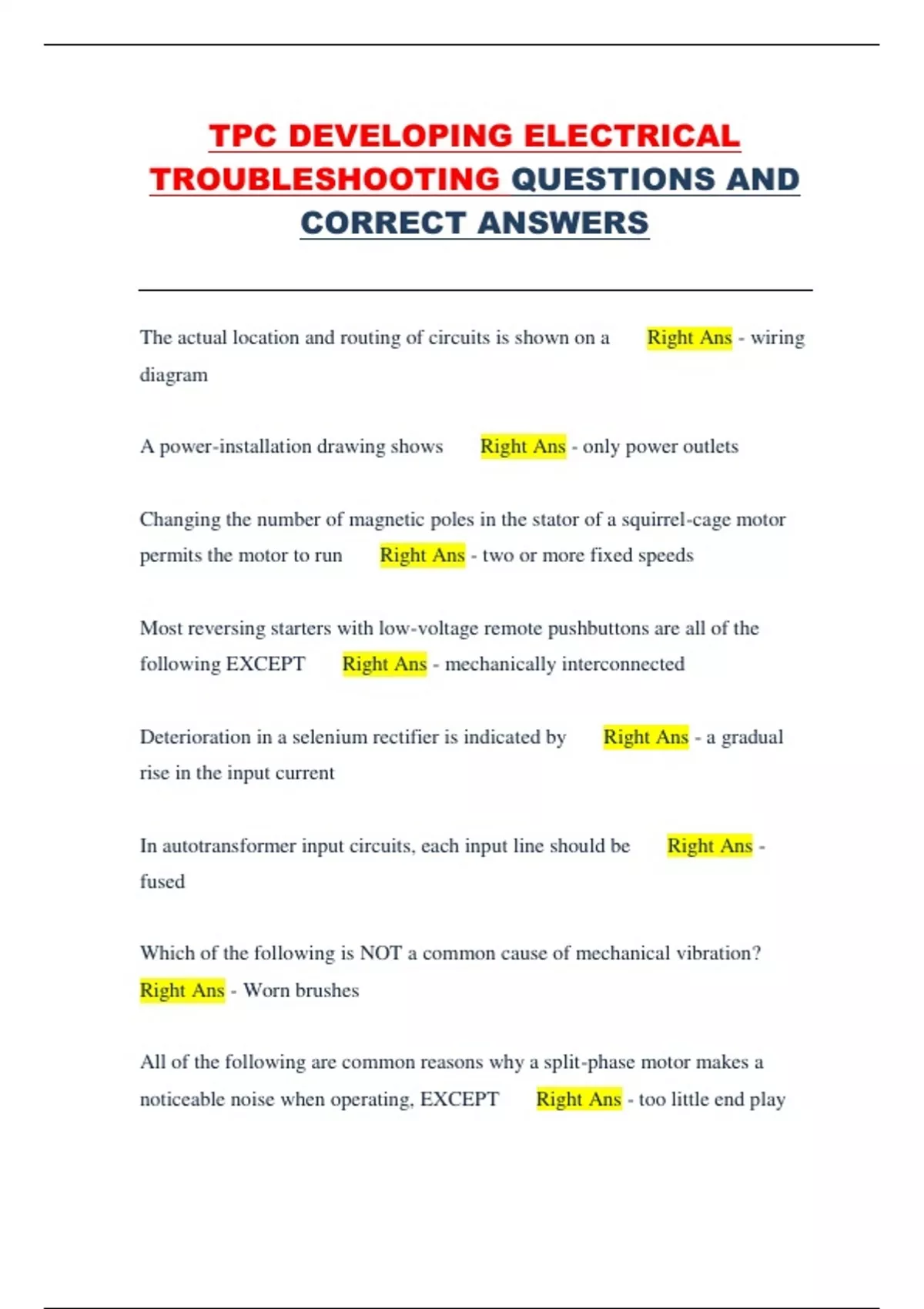 TPC Developing Electrical Troubleshooting – Questions with Correct ...