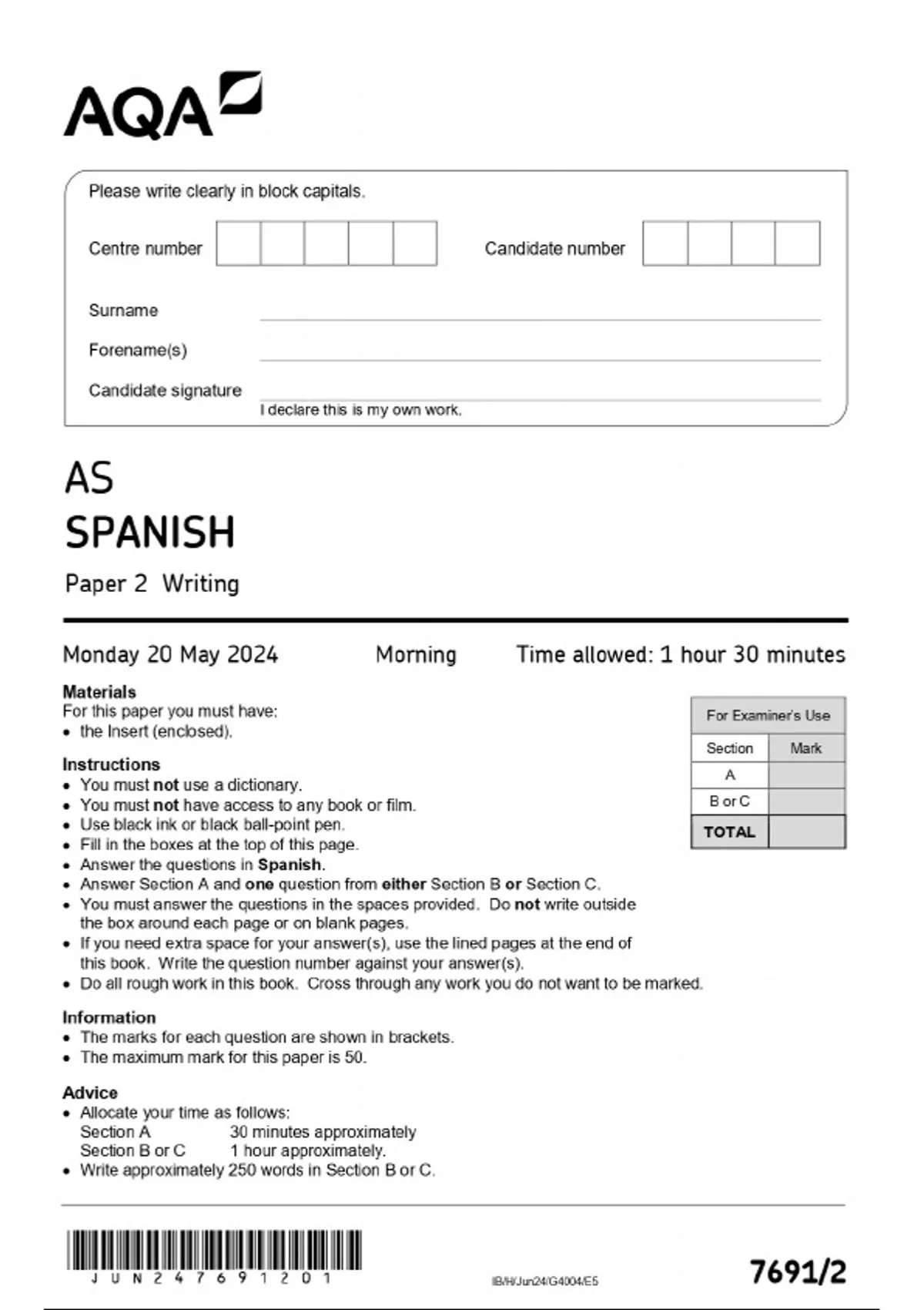 2024 AQA AS SPANISH Paper 2 Writing Combined Question Paper and Marking ...