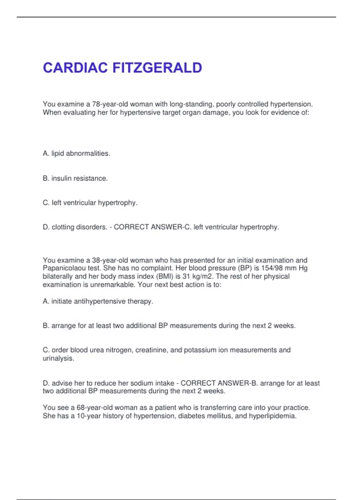 CARDIAC FITZGERALD | QUESTIONS & ANSWERS | SOLVED 100% CORRECT ...