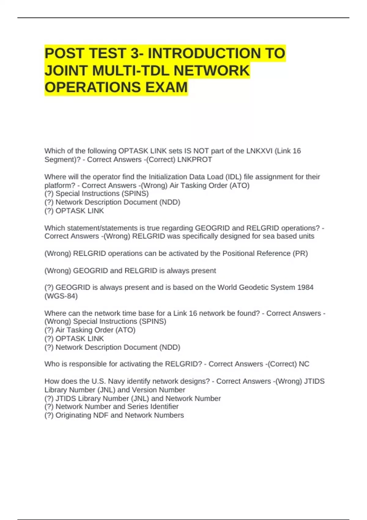 POST TEST 3- INTRODUCTION TO JOINT MULTI-TDL NETWORK OPERATIONS EXAM ...