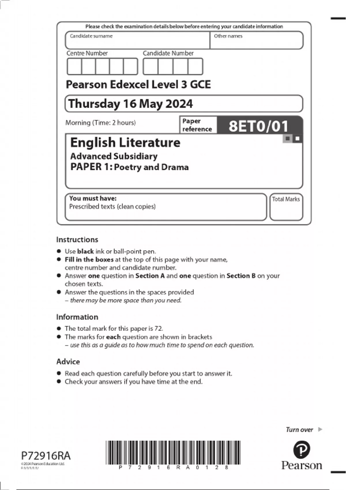2024 GCE Pearson Edexcel Level English Literature Advanced Subsidiary ...