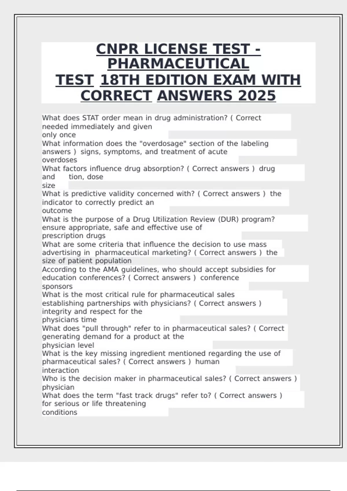 CNPR LICENSE TEST - PHARMACEUTICAL TEST 18TH EDITION EXAM WITH CORRECT ...
