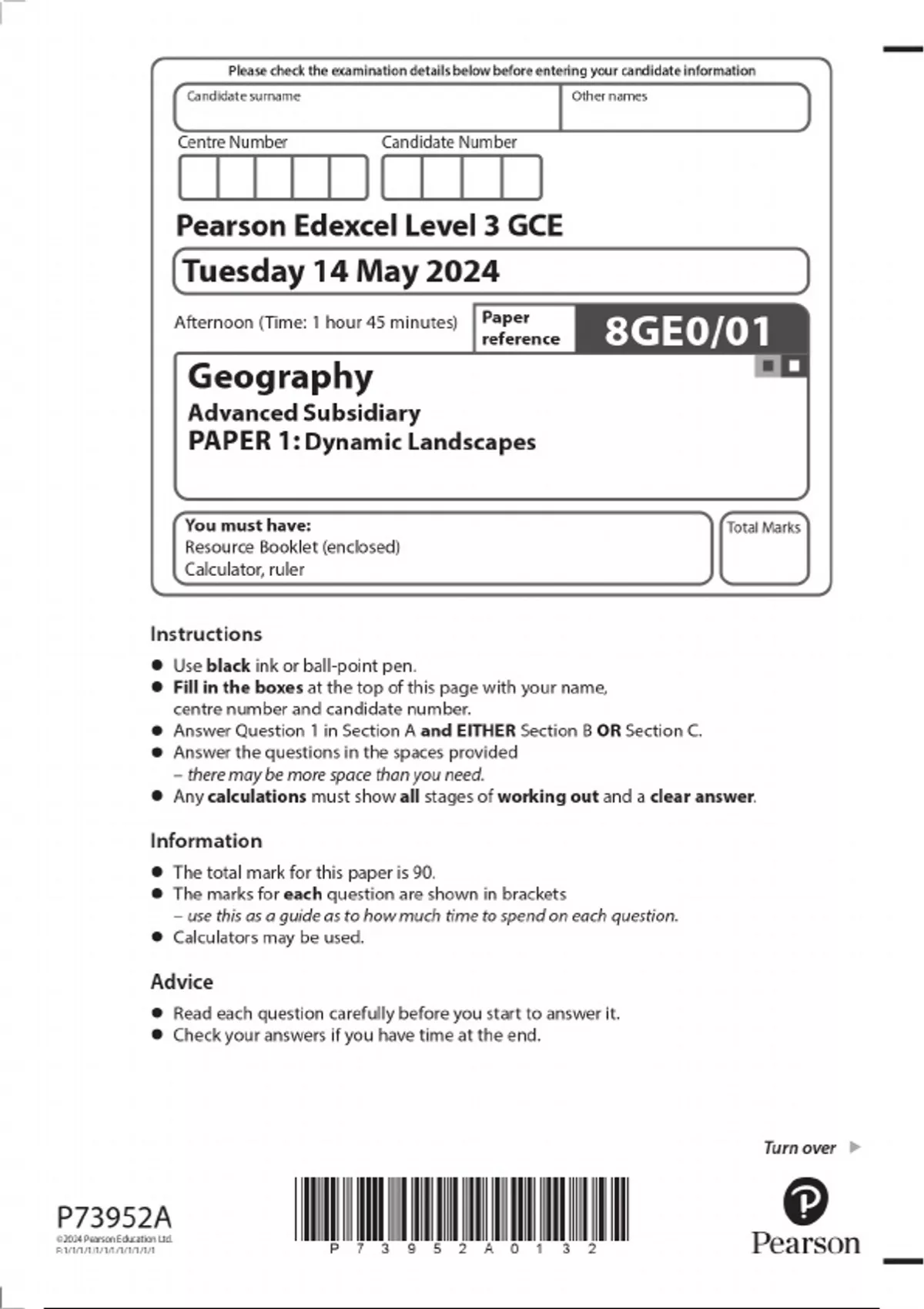 BUNDLE-::2024 Pearson Edexcel Level 3 GCE Geography QUESTION PAPER WITH ...