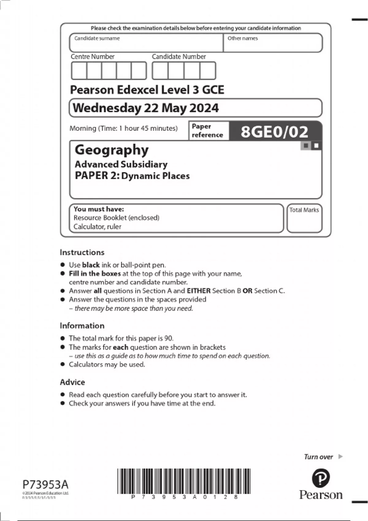 2024 GCE Pearson Edexcel Level Geography Advanced Subsidiary PAPER 2 ...