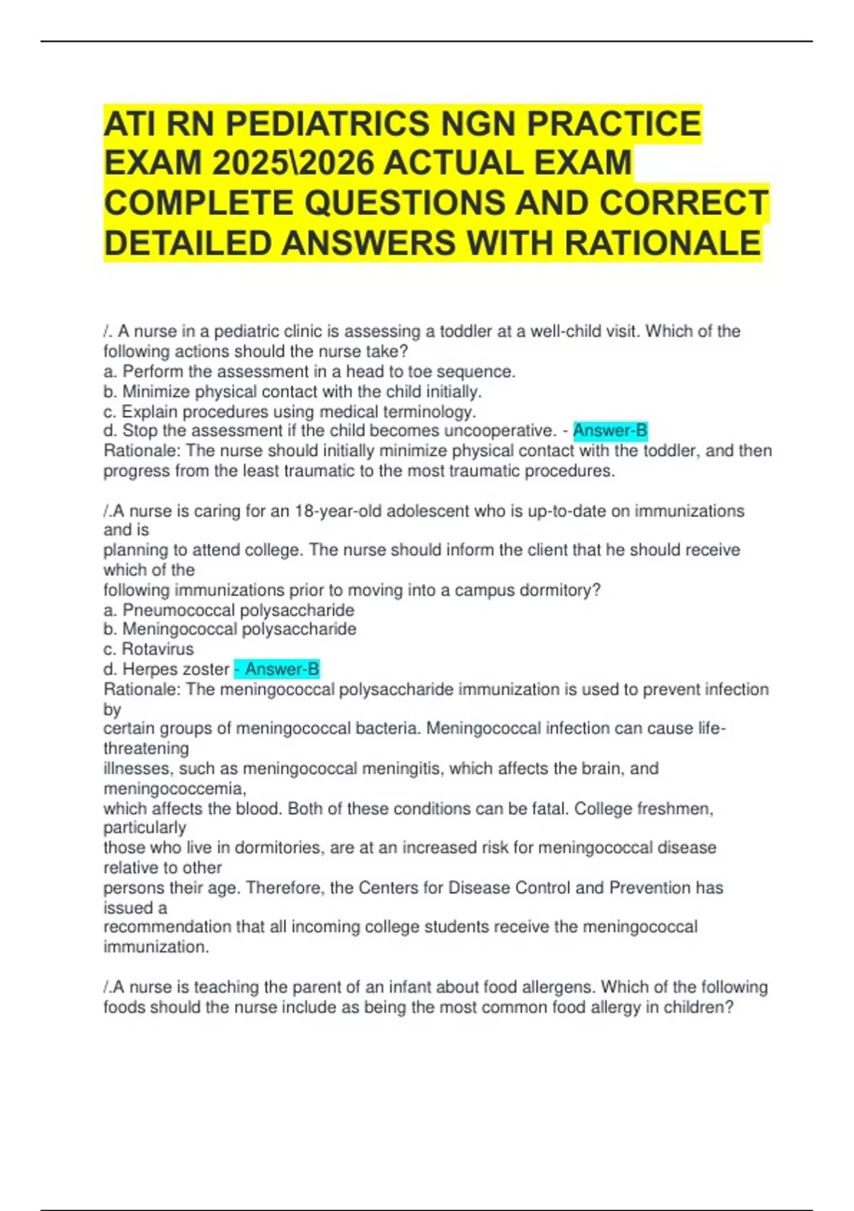 ATI RN PEDIATRICS NGN PRACTICE EXAM ACTUAL EXAM COMPLETE QUESTIONS AND ...