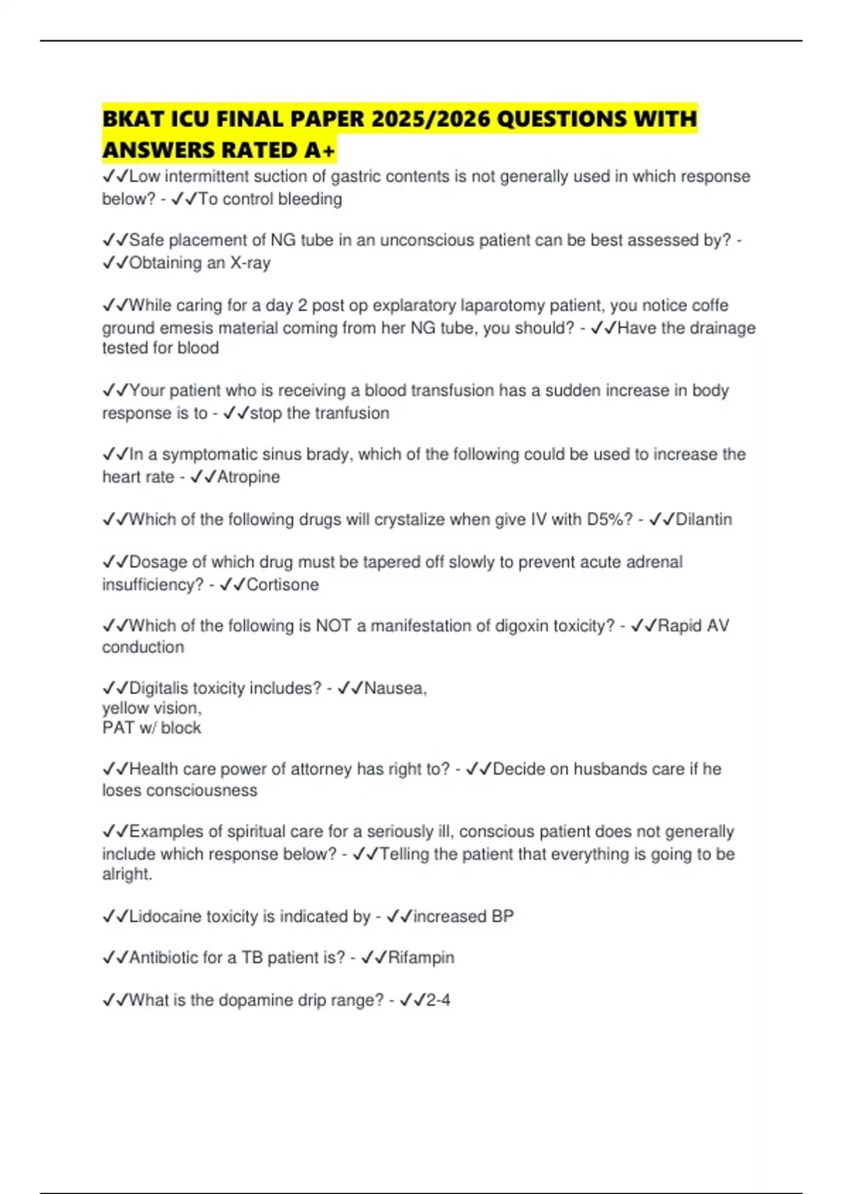BKAT ICU FINAL PAPER 2025/2026 QUESTIONS WITH ANSWERS RATED A+ - ICU BKAT - Stuvia US