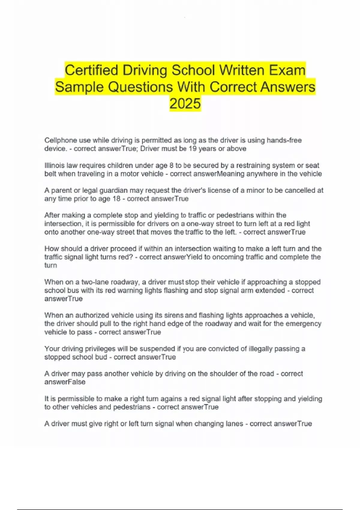 Certified Driving School Written Exam Sample Questions With Correct ...