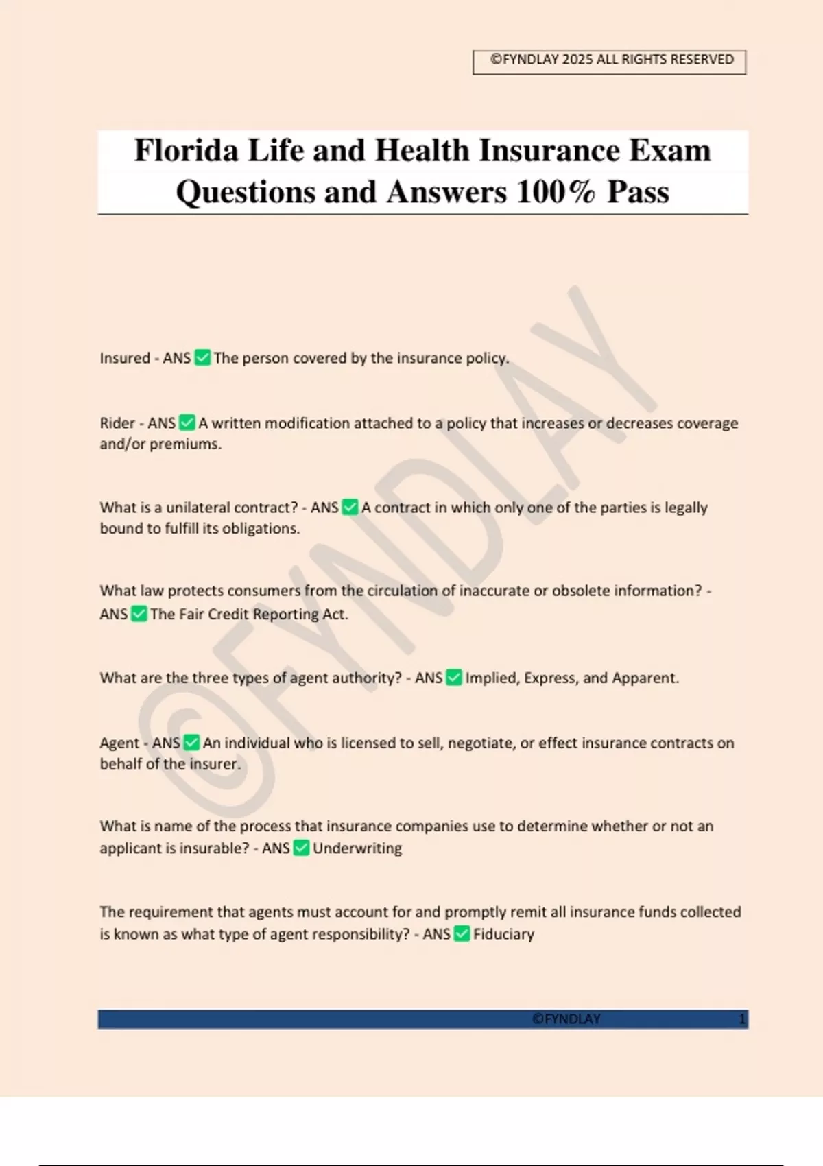 Florida Life and Health Insurance Exam Questions and Answers 100% Pass ...