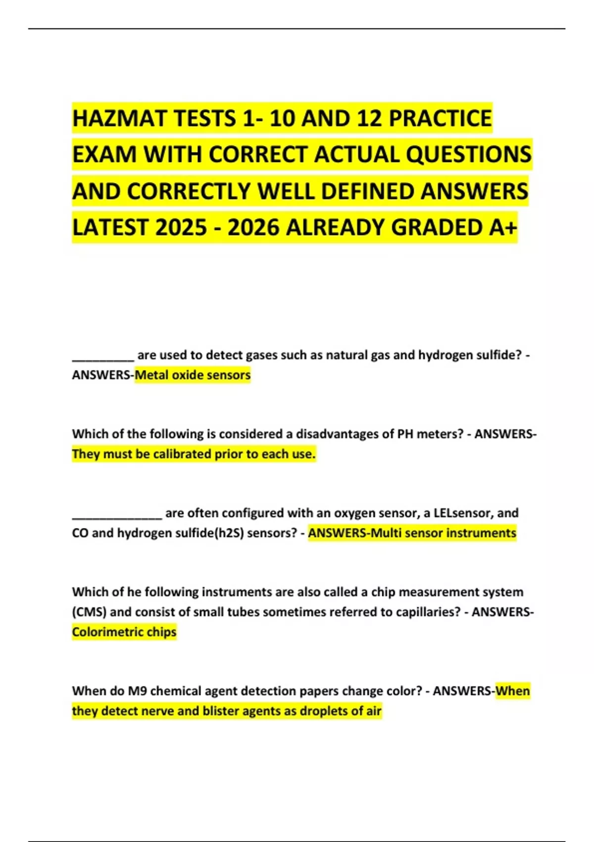 HAZMAT TESTS 1- 10 AND 12 PRACTICE EXAM WITH CORRECT ACTUAL QUESTIONS ...