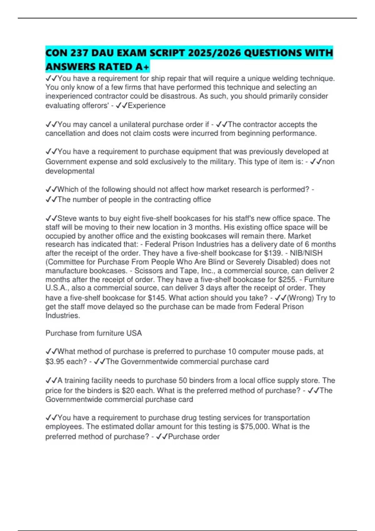 CON 237 DAU EXAM SCRIPT 2025/2026 QUESTIONS WITH ANSWERS RATED A+ - CON ...