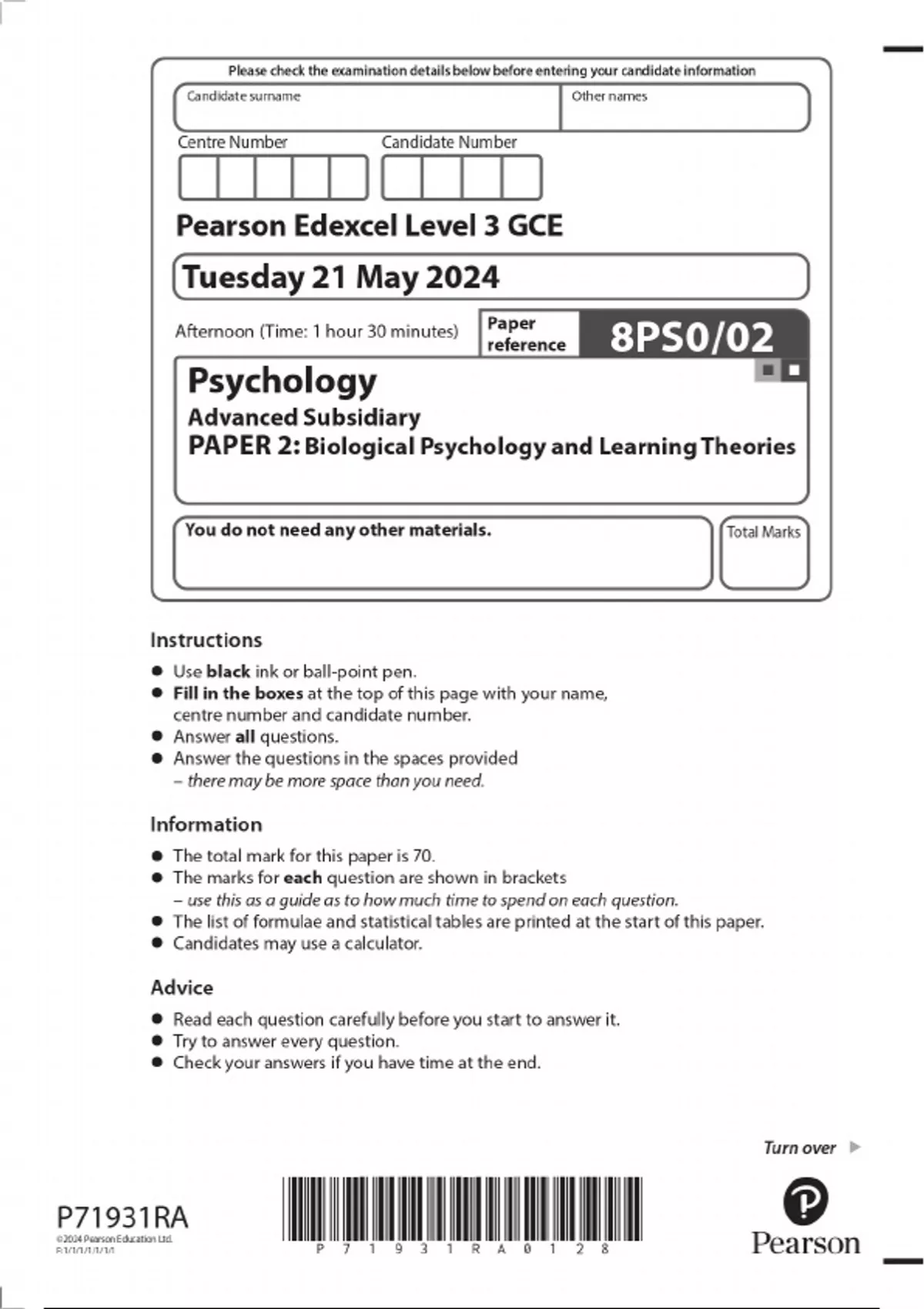 2024 GCE Pearson Edexcel Level Psychology Advanced Subsidiary PAPER 2 ...