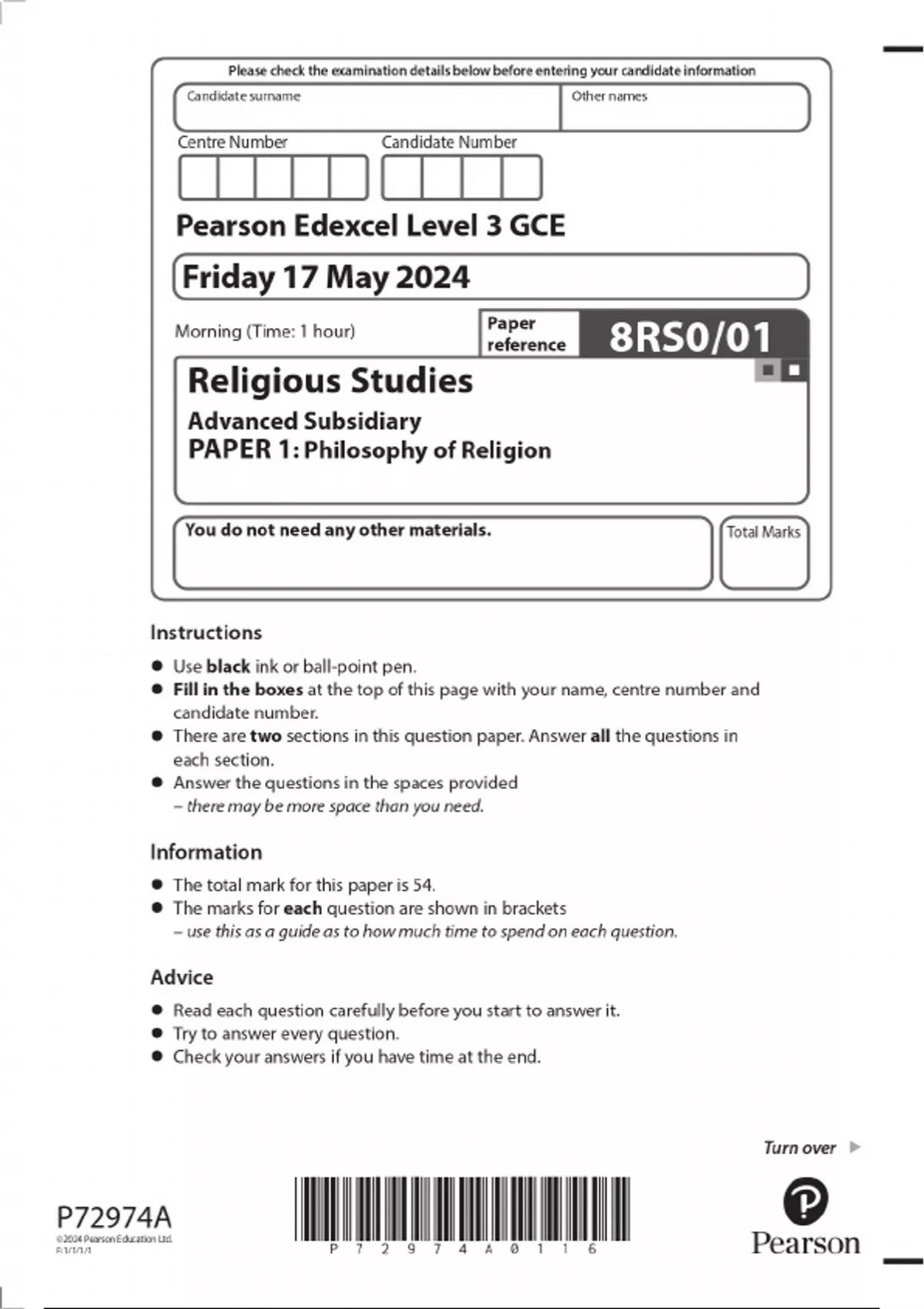 2024 GCE Pearson Edexcel Level Religious Studies Advanced Subsidiary ...