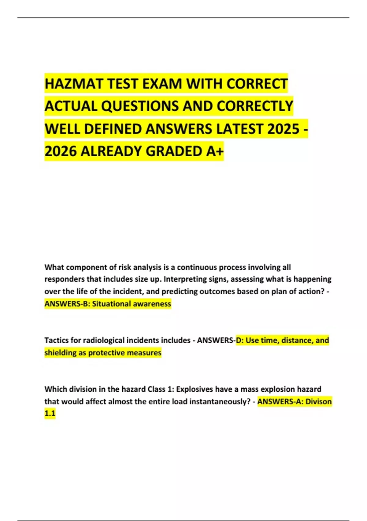 HAZMAT TEST EXAM WITH CORRECT ACTUAL QUESTIONS AND CORRECTLY WELL ...