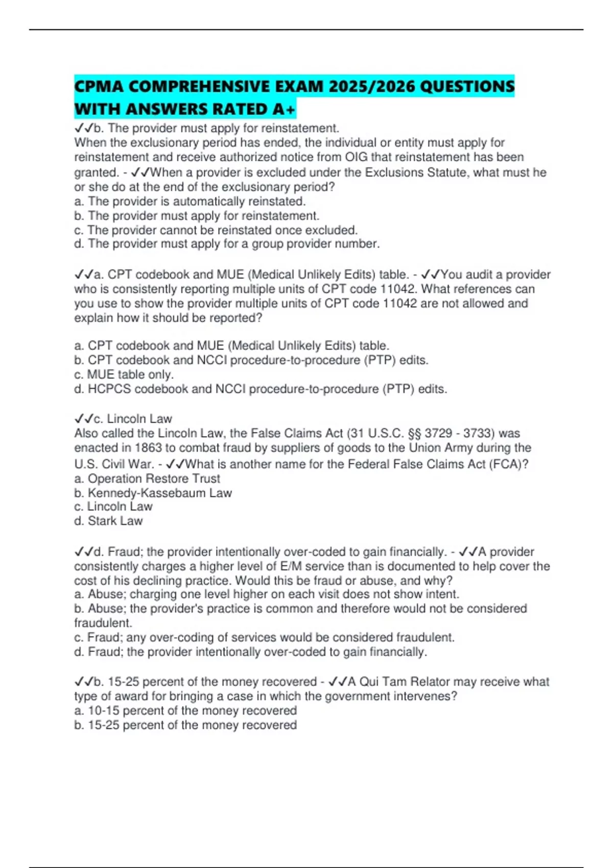 CPMA COMPREHENSIVE EXAM 2025/2026 QUESTIONS WITH ANSWERS RATED A+ ...
