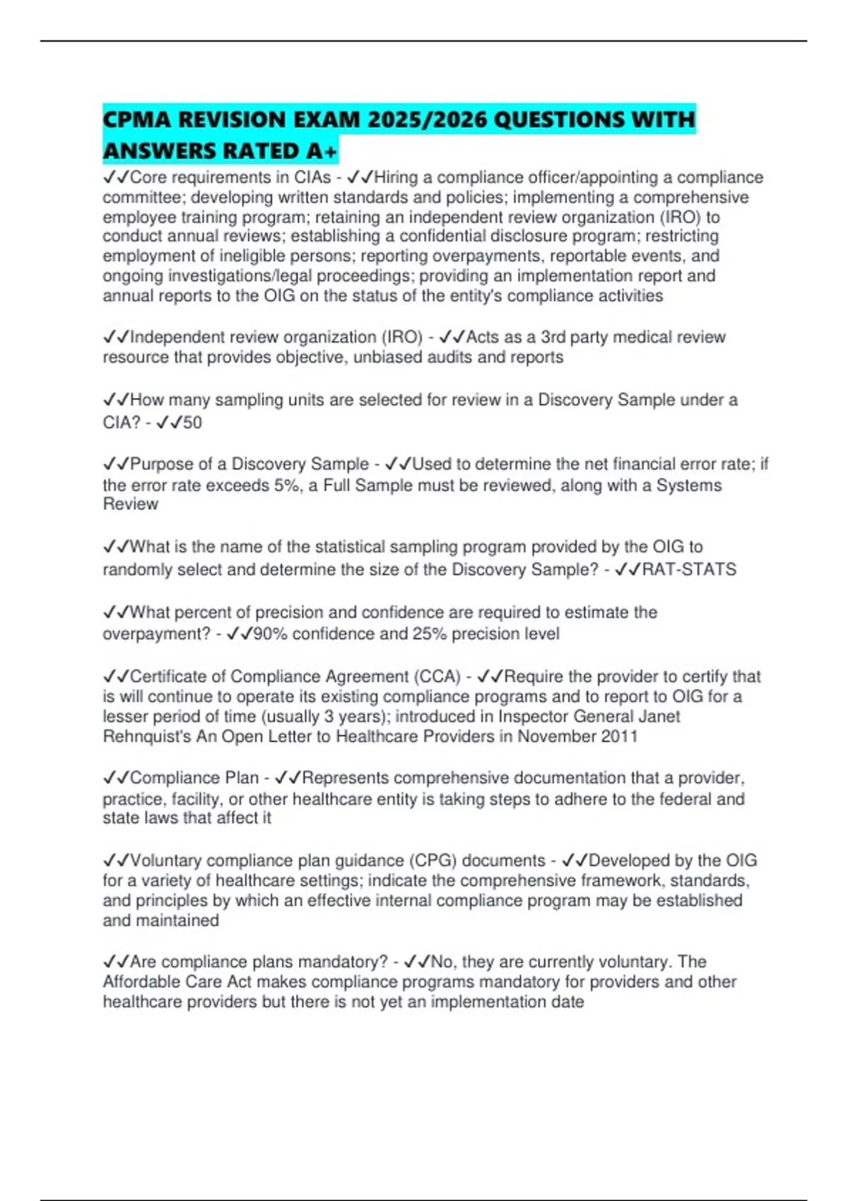 CPMA REVISION EXAM 2025/2026 QUESTIONS WITH ANSWERS RATED A+ - CPMA ...