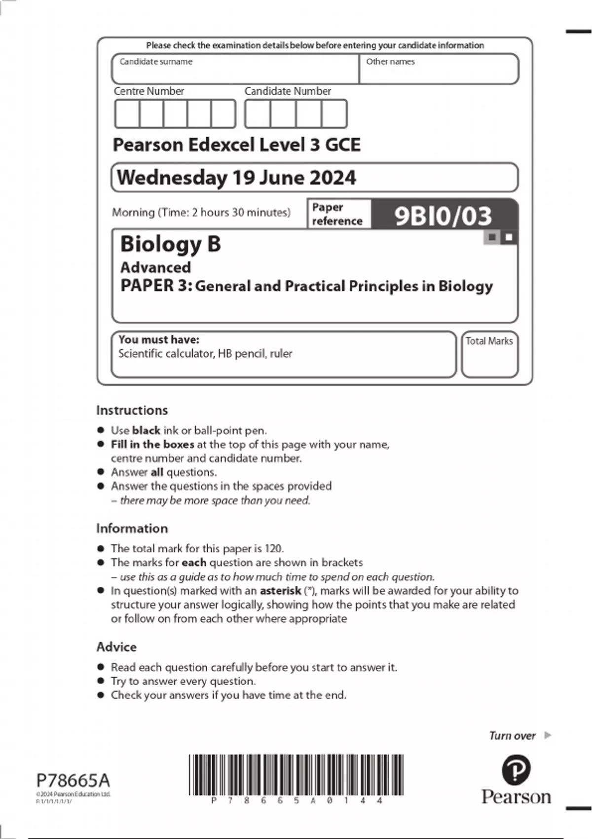 2024 GCE Pearson Edexcel Level Biology B Advanced PAPER 3: General and ...